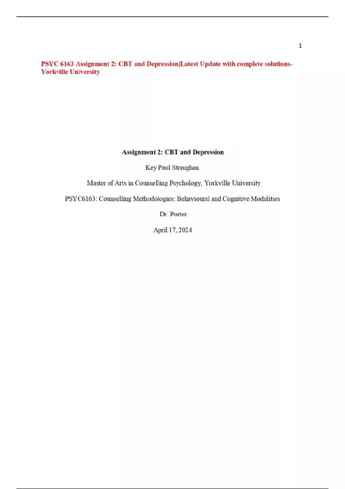 PSYC 6163 Assignment 2: CBT and Depression|Latest Update with complete ...