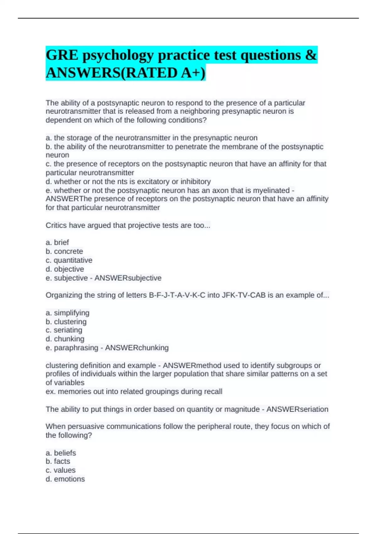 GRE psychology practice test questions & ANSWERS(RATED A+) - GRE ...