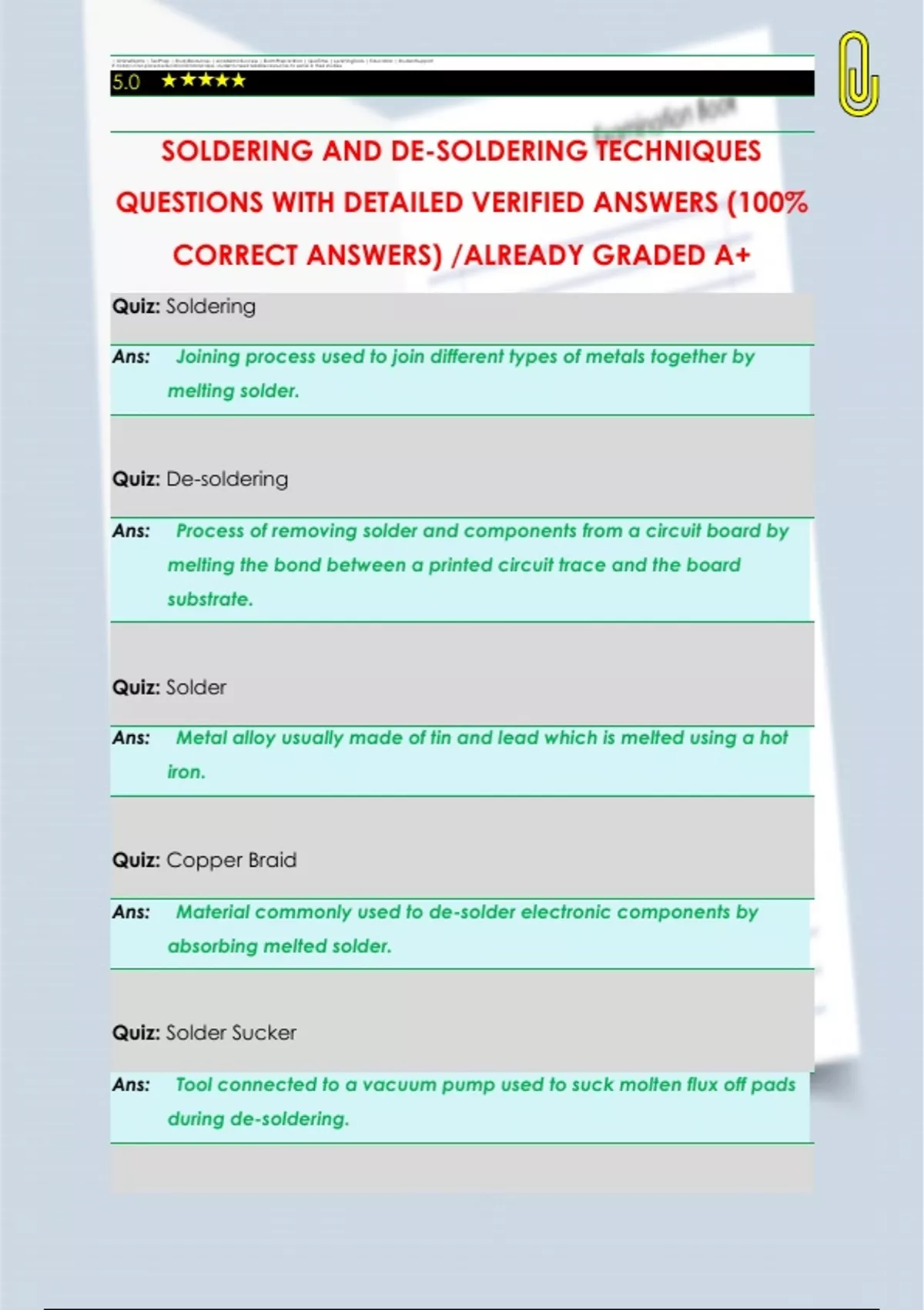 SOLDERING AND DE-SOLDERING TECHNIQUES QUESTIONS WITH DETAILED VERIFIED ...