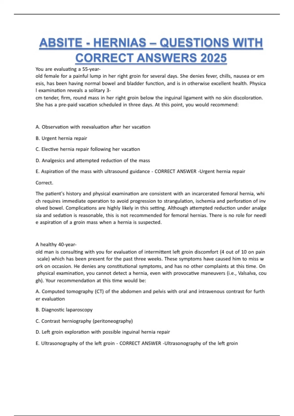 ABSITE - HERNIAS – QUESTIONS WITH CORRECT ANSWERS 2025 - ABSITE - Stuvia US