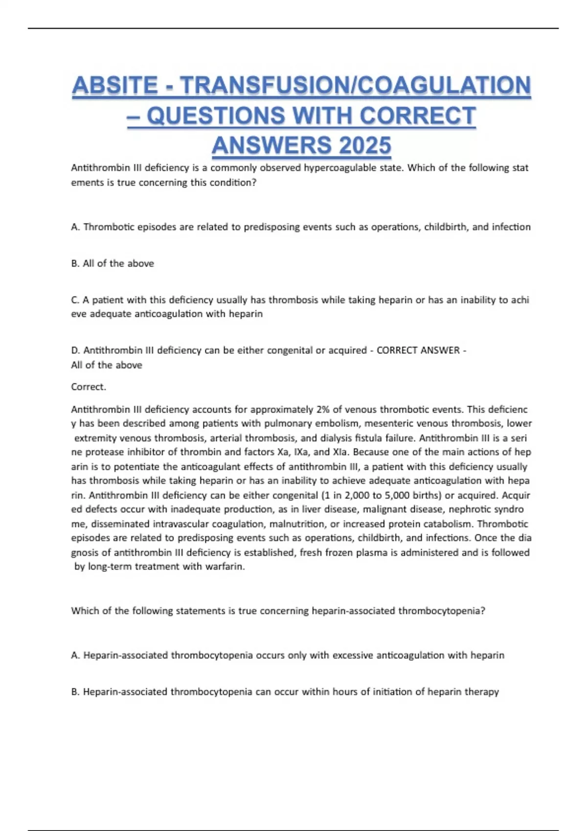 ABSITE - TRANSFUSION-COAGULATION – QUESTIONS WITH CORRECT ANSWERS 2025 ...