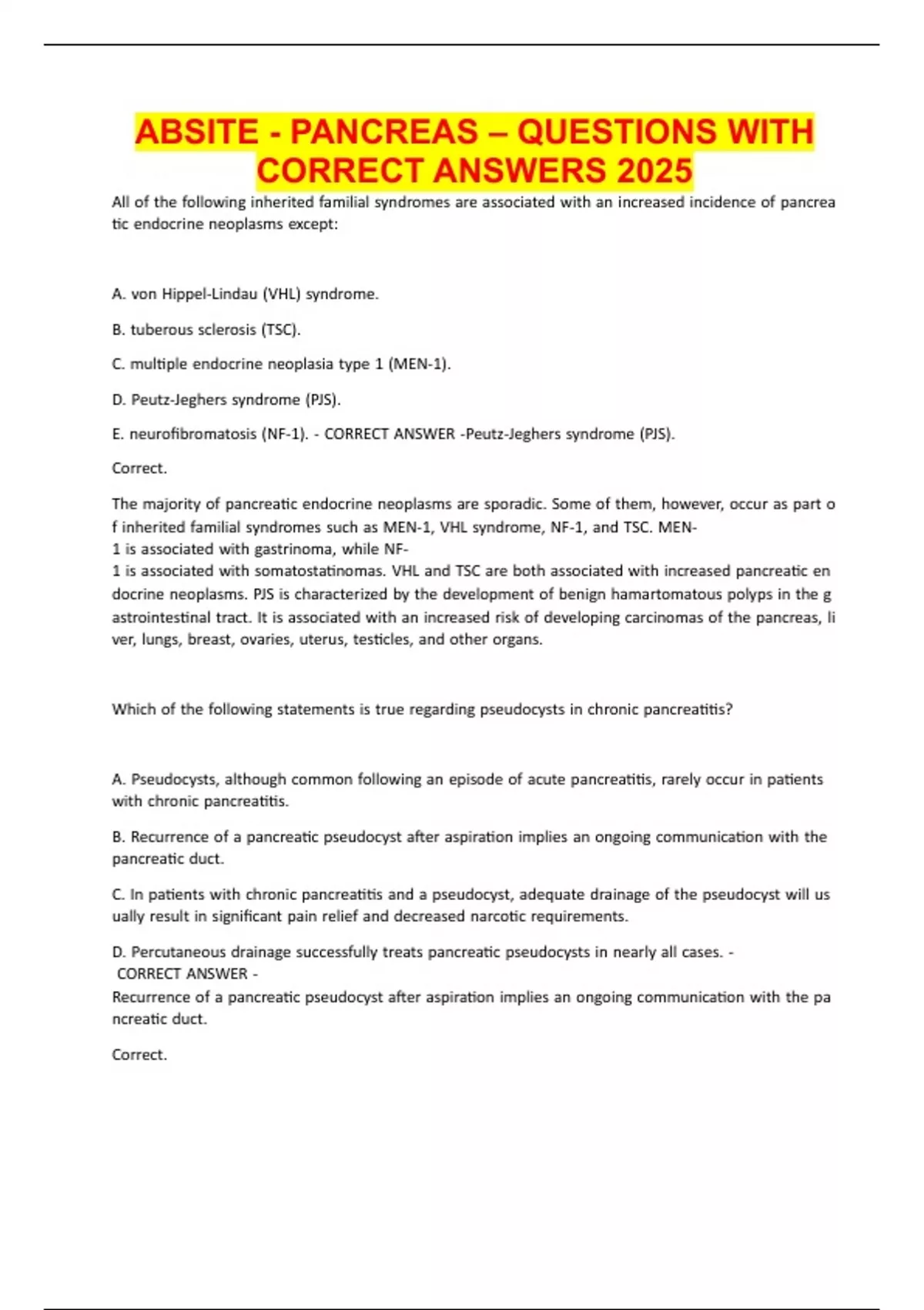 ABSITE - PANCREAS – QUESTIONS WITH CORRECT ANSWERS 2025 - ABSITE ...