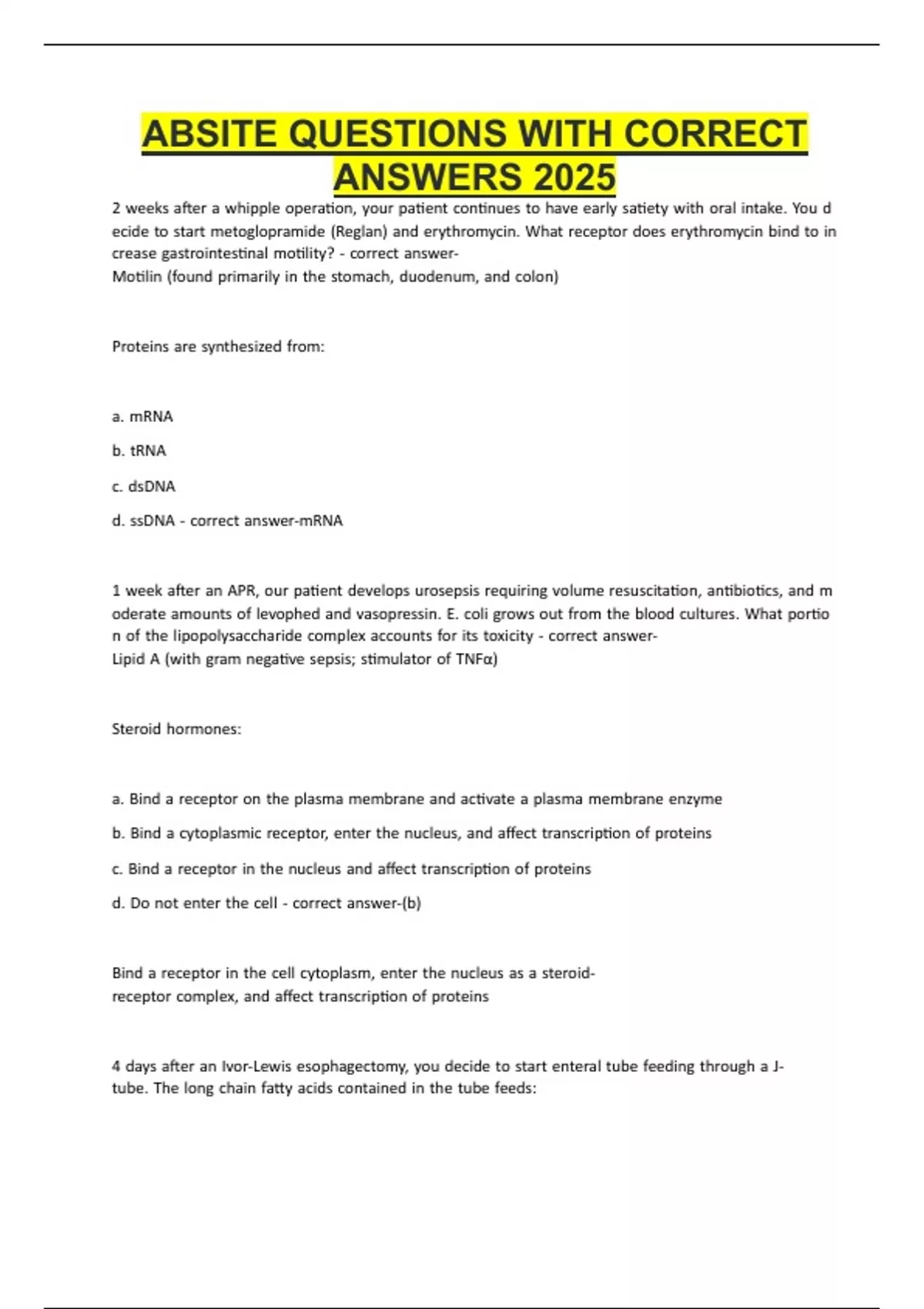 ABSITE QUESTIONS WITH CORRECT ANSWERS 2025 - ABSITE - Stuvia US