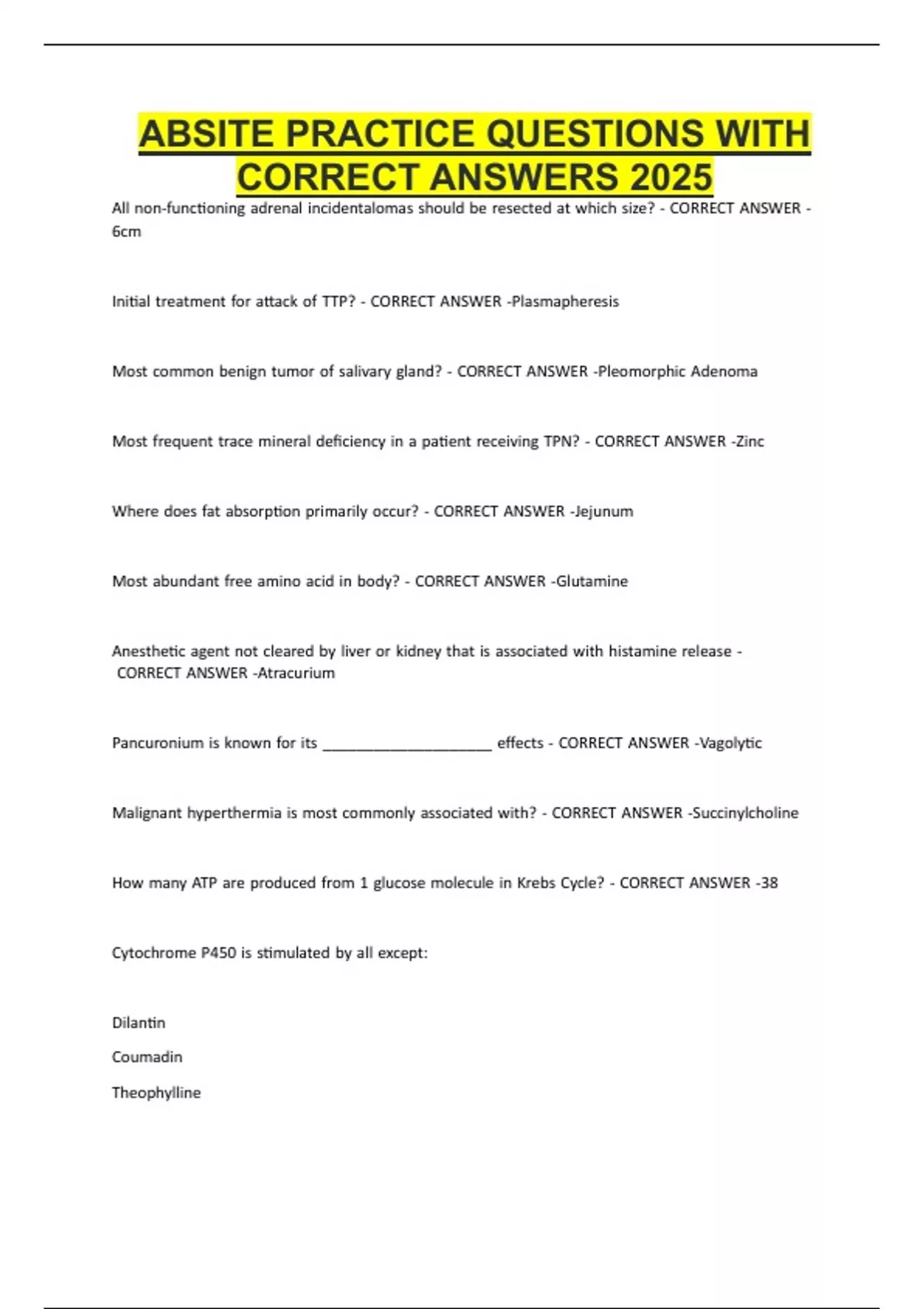 ABSITE PRACTICE QUESTIONS WITH CORRECT ANSWERS 2025 - ABSITE - Stuvia US