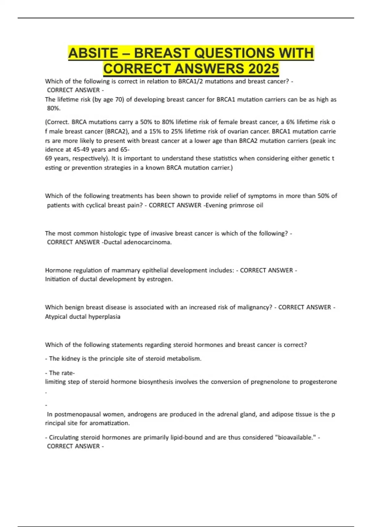 ABSITE – BREAST QUESTIONS WITH CORRECT ANSWERS 2025 - ABSITE - Stuvia US