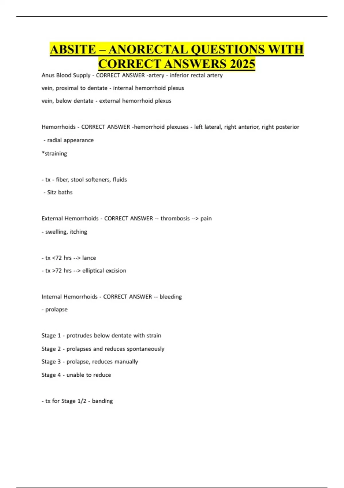 ABSITE – ANORECTAL QUESTIONS WITH CORRECT ANSWERS 2025 - ABSITE - Stuvia US