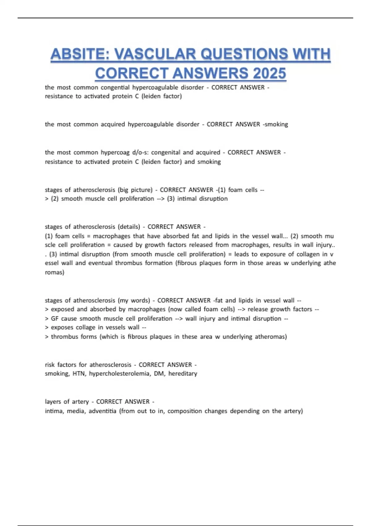 ABSITE- VASCULAR QUESTIONS WITH CORRECT ANSWERS 2025 - ABSITE - Stuvia US