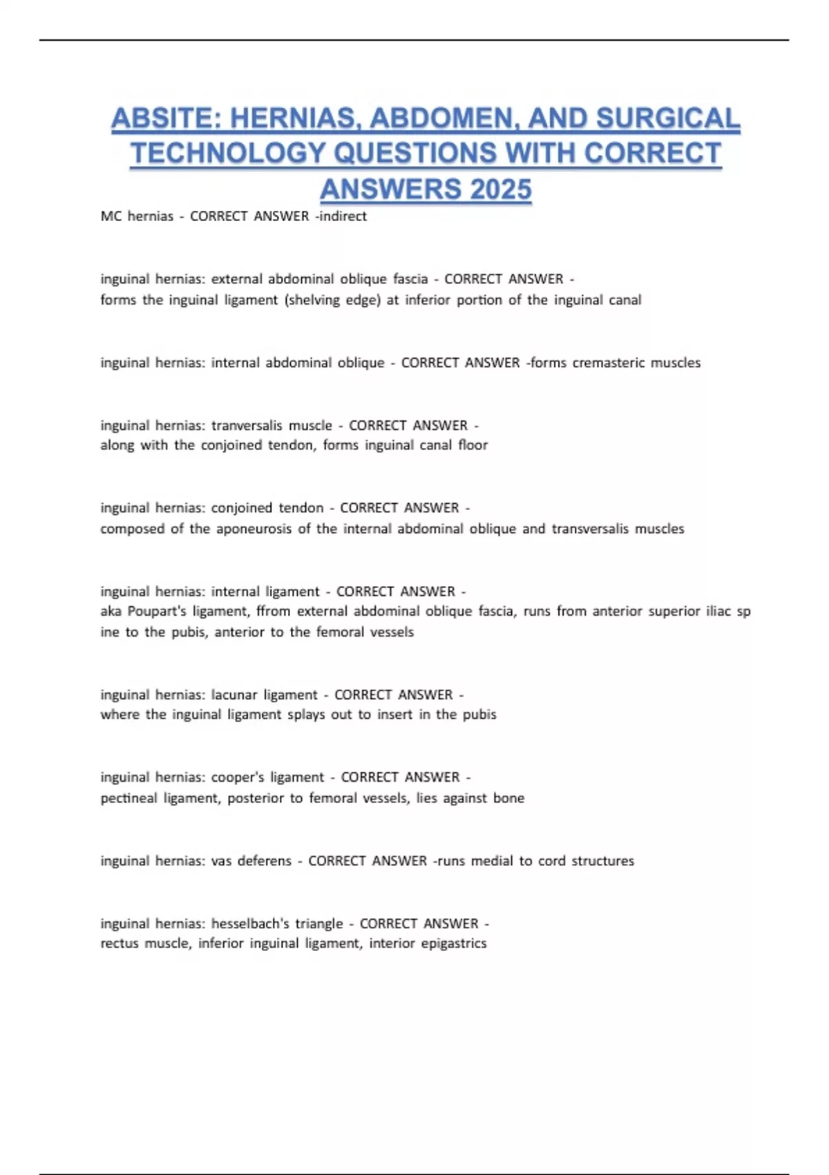 ABSITE HERNIAS, ABDOMEN, AND SURGICAL TECHNOLOGY QUESTIONS WITH CORRECT ...