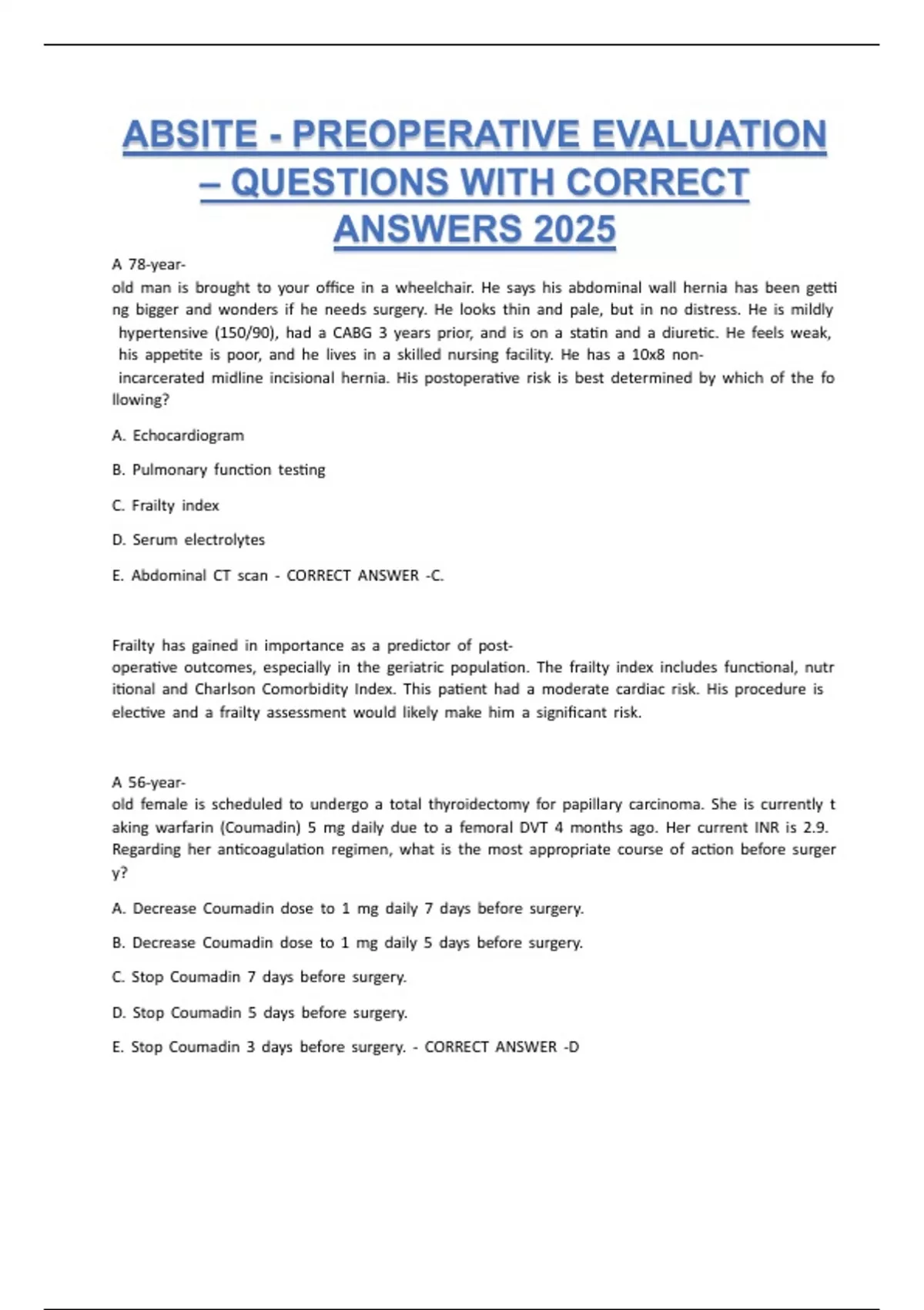 ABSITE - PREOPERATIVE EVALUATION – QUESTIONS WITH CORRECT ANSWERS 2025 ...