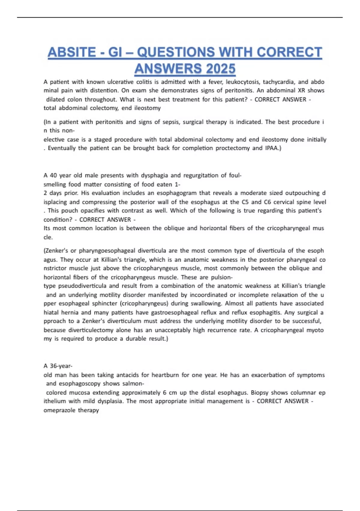 ABSITE - GI – QUESTIONS WITH CORRECT ANSWERS 2025 - ABSITE - Stuvia US