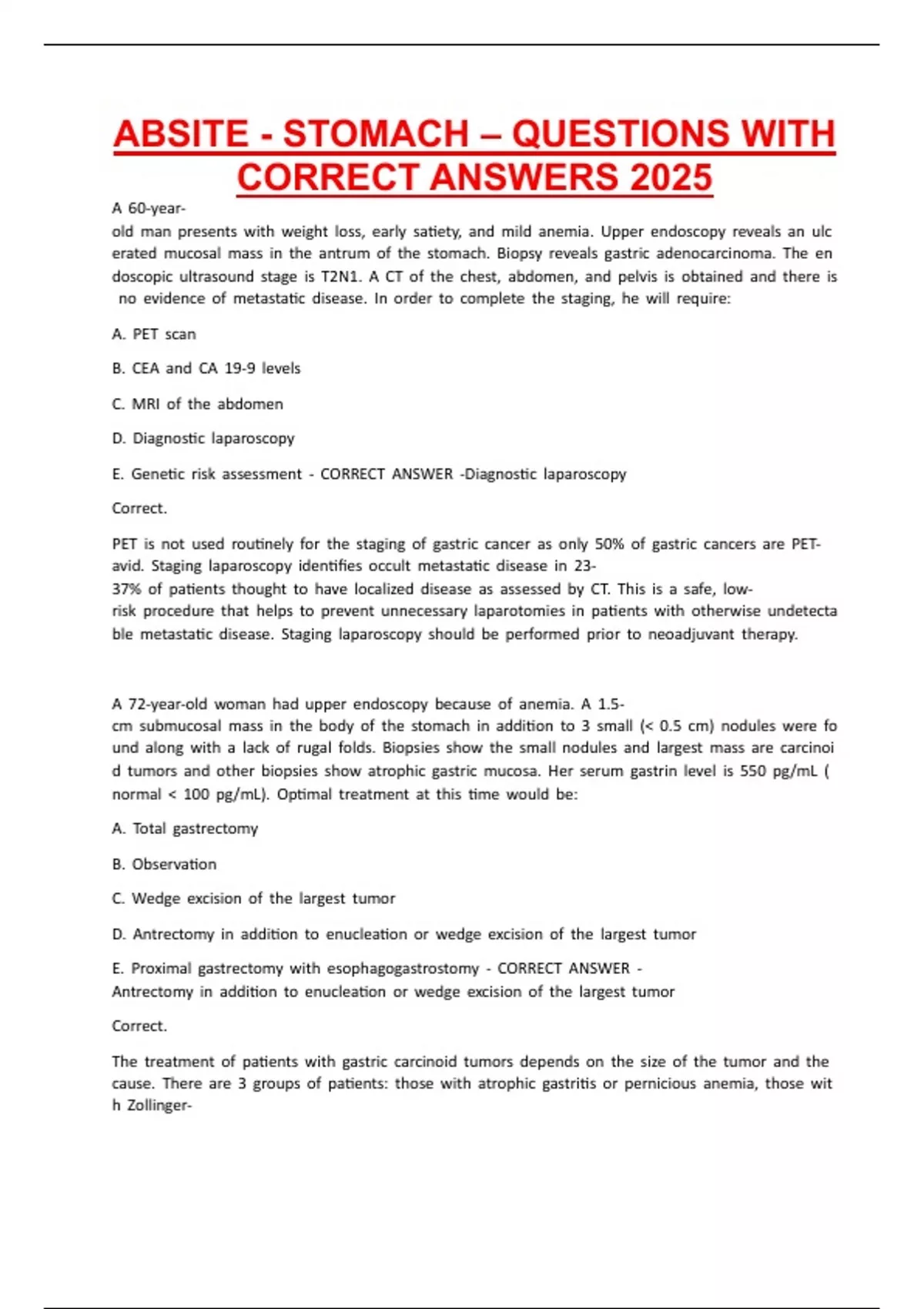 ABSITE - STOMACH – QUESTIONS WITH CORRECT ANSWERS 2025 - ABSITE - Stuvia US