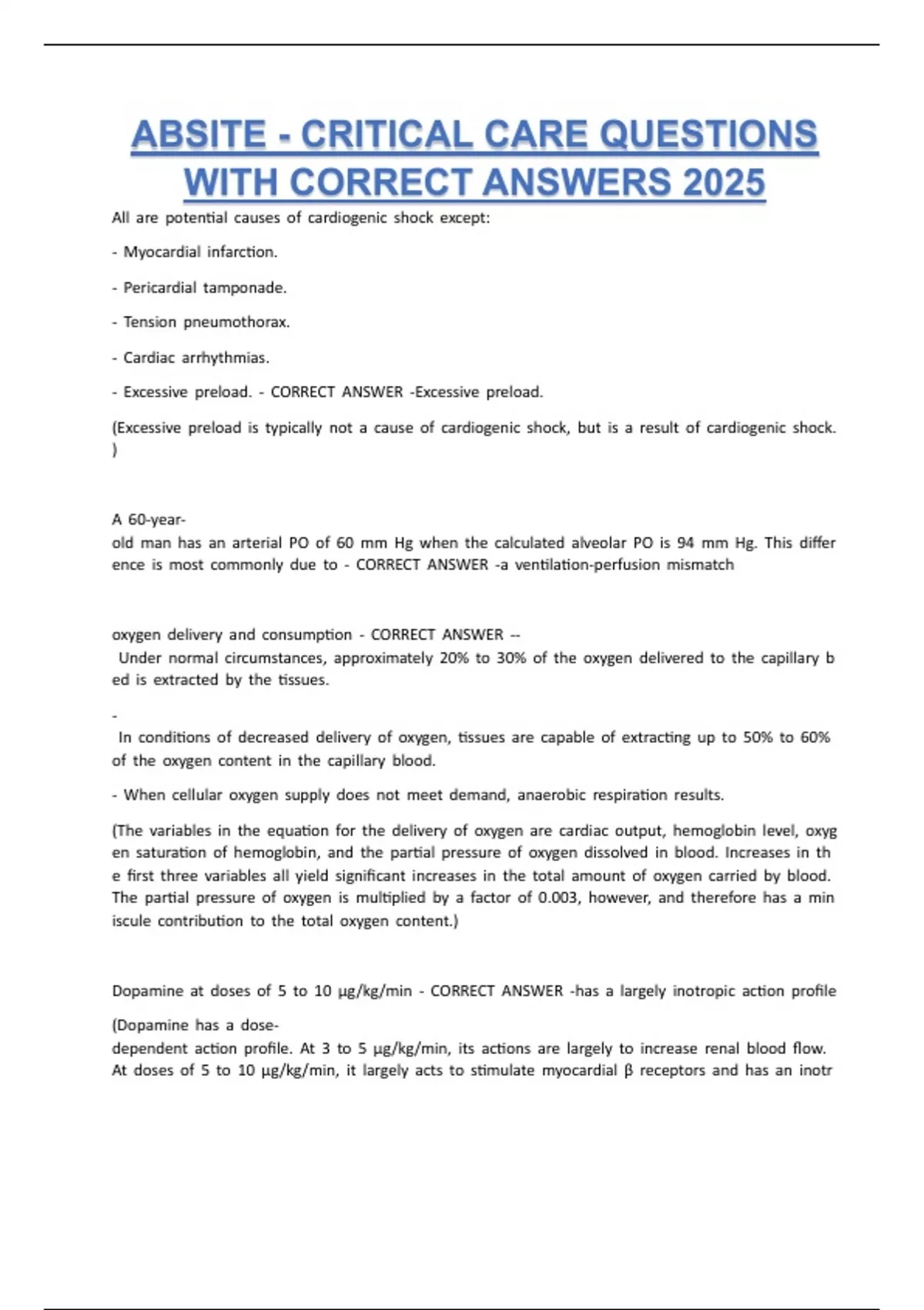 ABSITE - CRITICAL CARE QUESTIONS WITH CORRECT ANSWERS 2025 - ABSITE ...