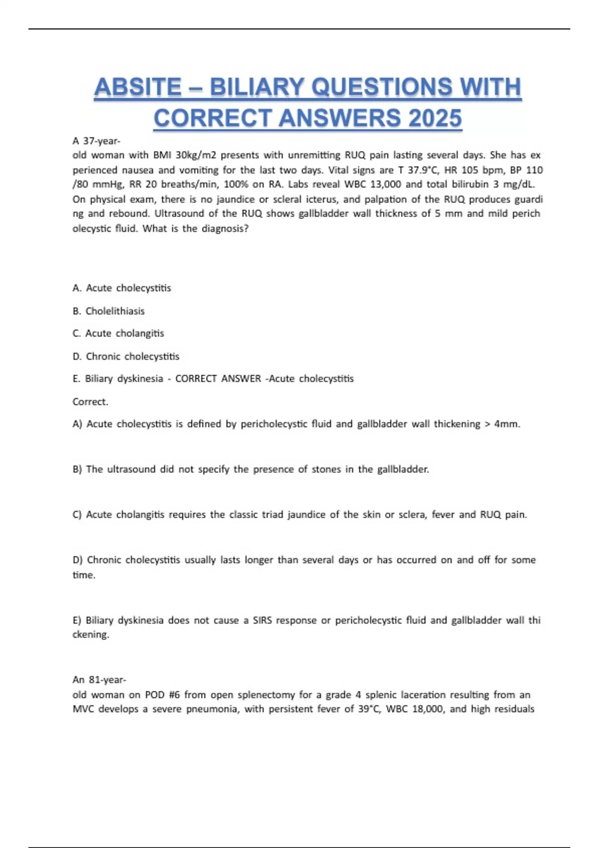 ABSITE – BILIARY QUESTIONS WITH CORRECT ANSWERS 2025 - ABSITE - Stuvia US