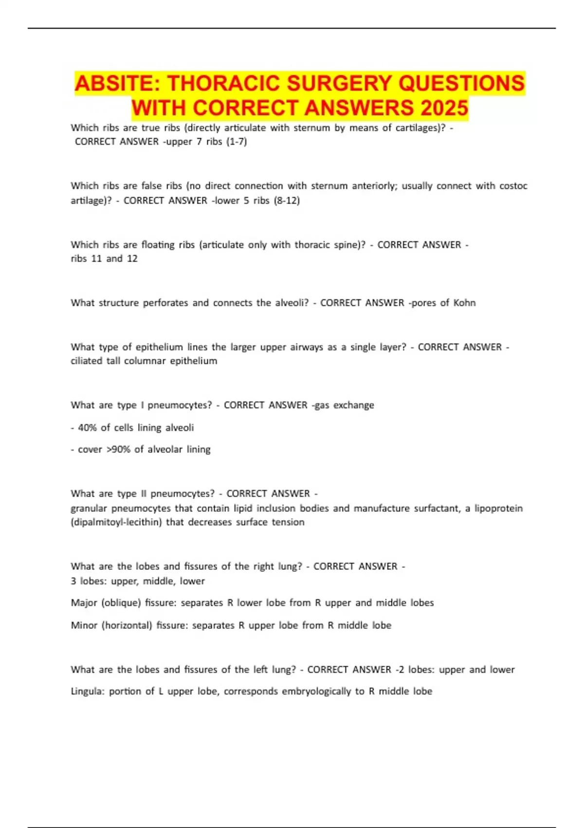 ABSITE- THORACIC SURGERY QUESTIONS WITH CORRECT ANSWERS 2025 - ABSITE ...