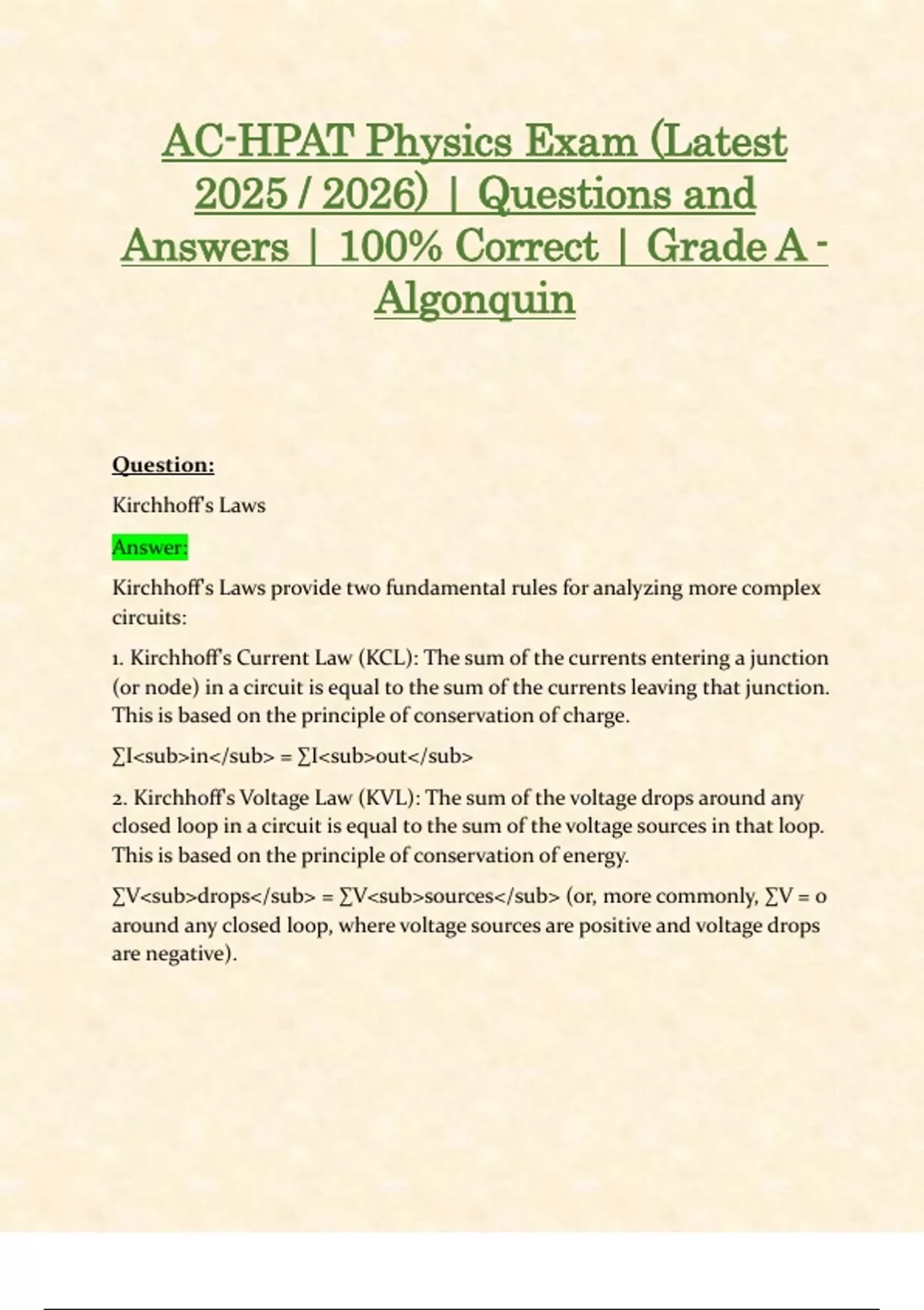 AC-HPAT Physics Exam (Latest 2025 / 2026) | Questions and Answers | 100 ...