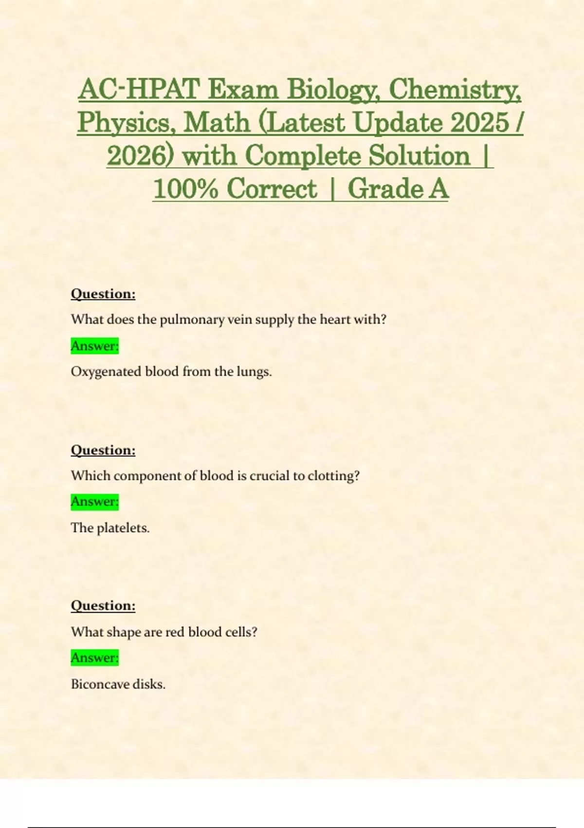 AC-HPAT Exam Biology, Chemistry, Physics, Math (Latest Update 2025 / ...