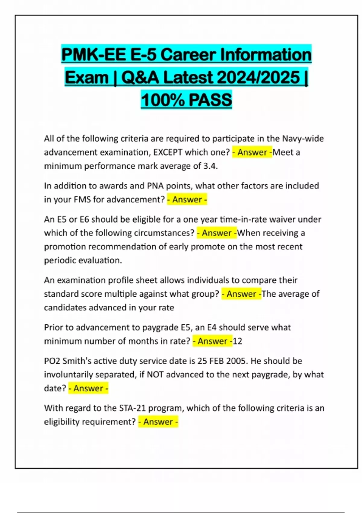 PMK-EE E-5 Career Information Exam | Q&A Latest 2024/2025 | 100% PASS ...