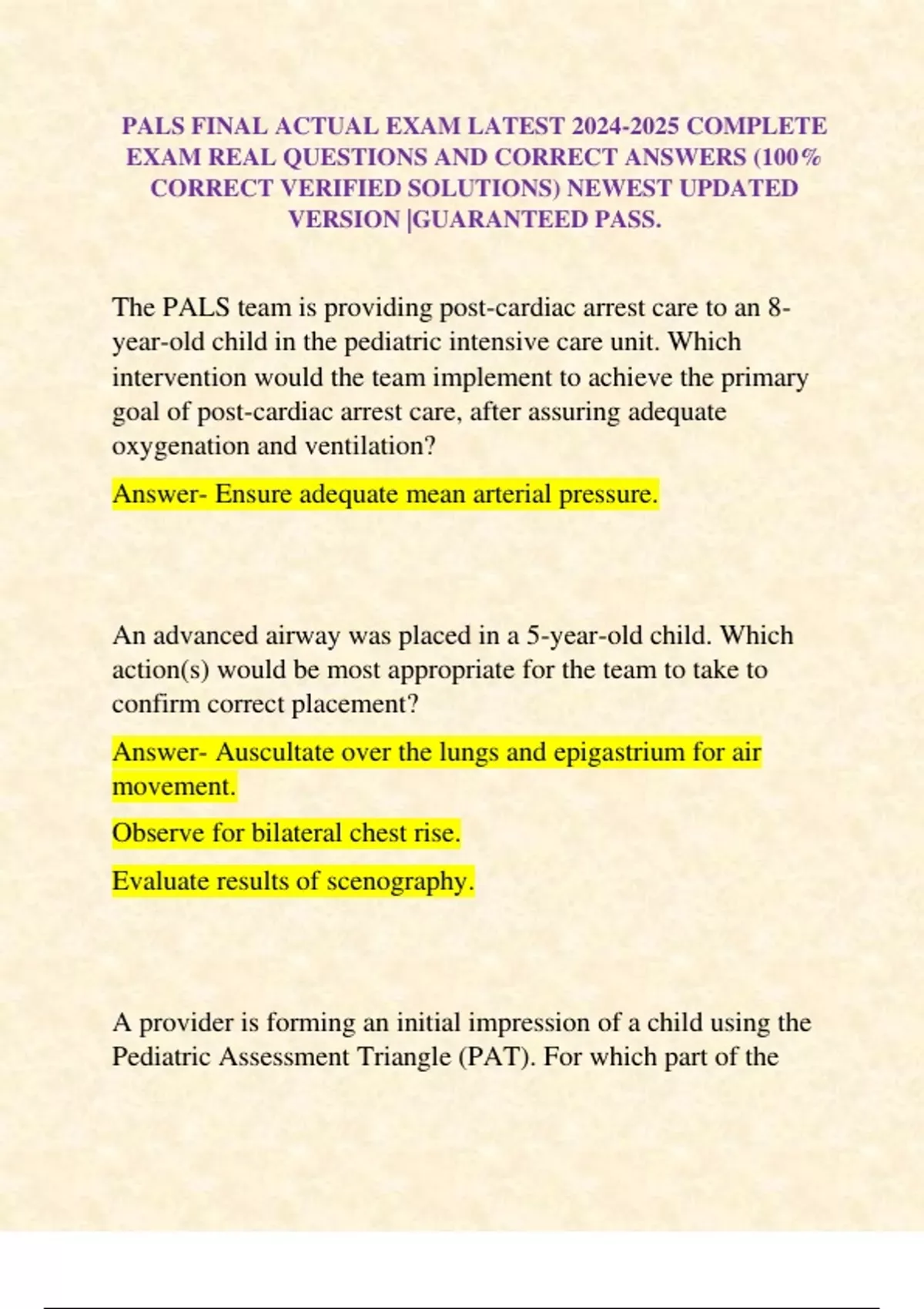 PALS FINAL ACTUAL EXAM LATEST COMPLETE EXAM REAL QUESTIONS AND CORRECT ...