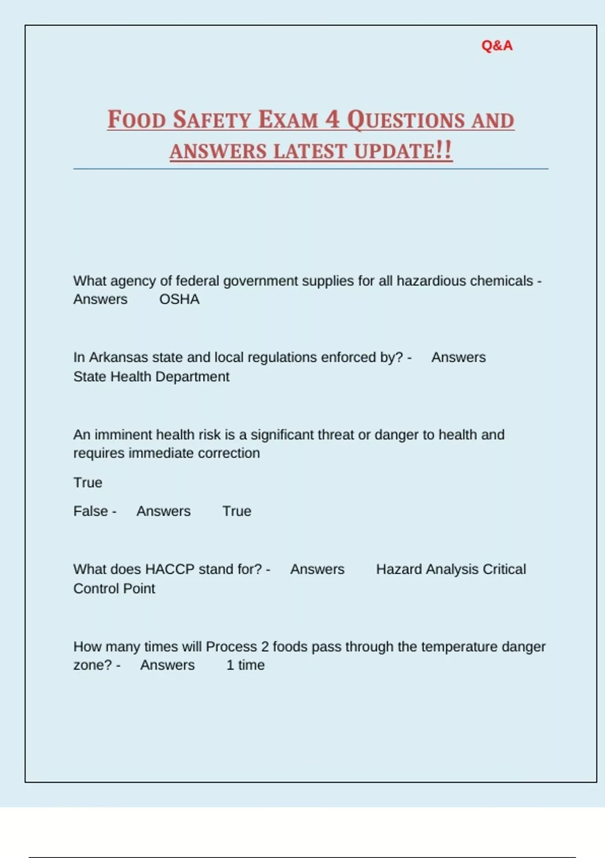 FOOD SAFETY EXAM 4 QUESTIONS AND ANSWERS LATEST UPDATE!! - Walmart Food ...