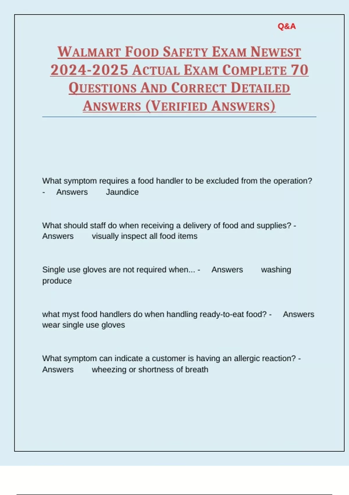 WALMART FOOD SAFETY EXAM NEWEST ACTUAL EXAM COMPLETE 70 QUESTIONS AND ...