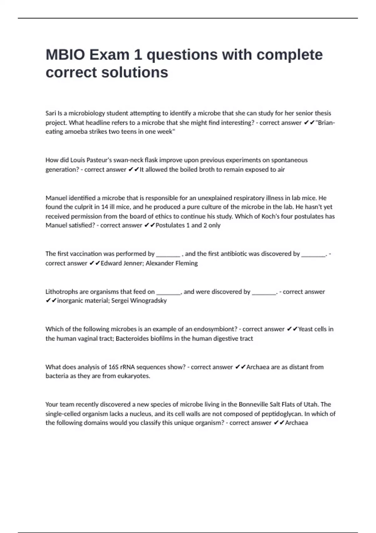 MBIO Exam 1 questions with complete correct solutions - MBIO - Stuvia US