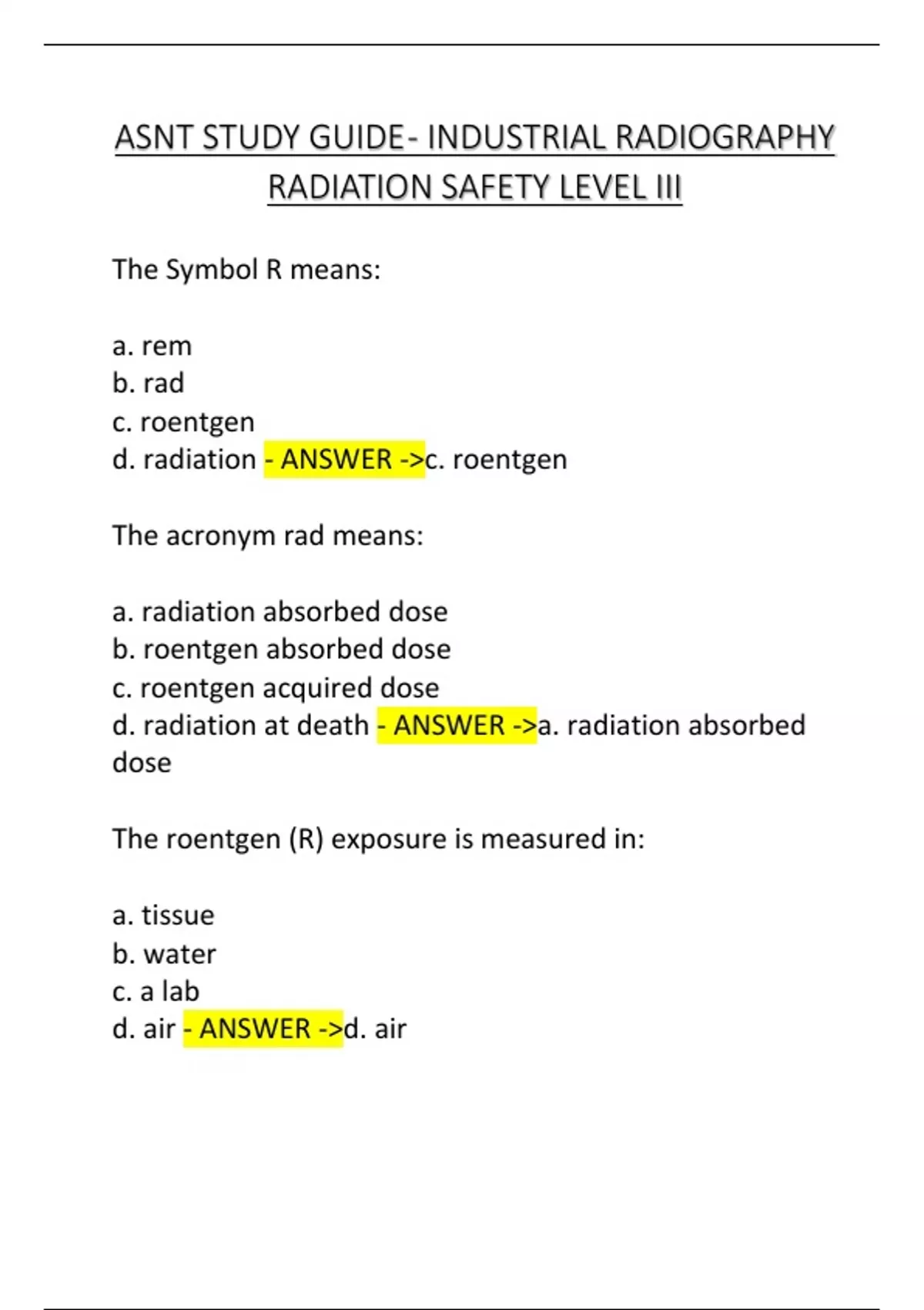 ASNT STUDY GUIDE - INDUSTRIAL RADIOGRAPHY RADIATION SAFETY LEVEL III ...