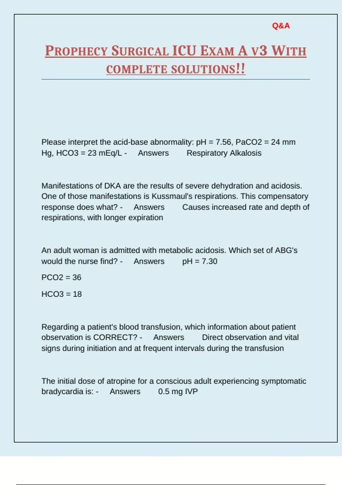 PROPHECY SURGICAL ICU EXAM A V3 WITH COMPLETE SOLUTIONS!! - RN A ...