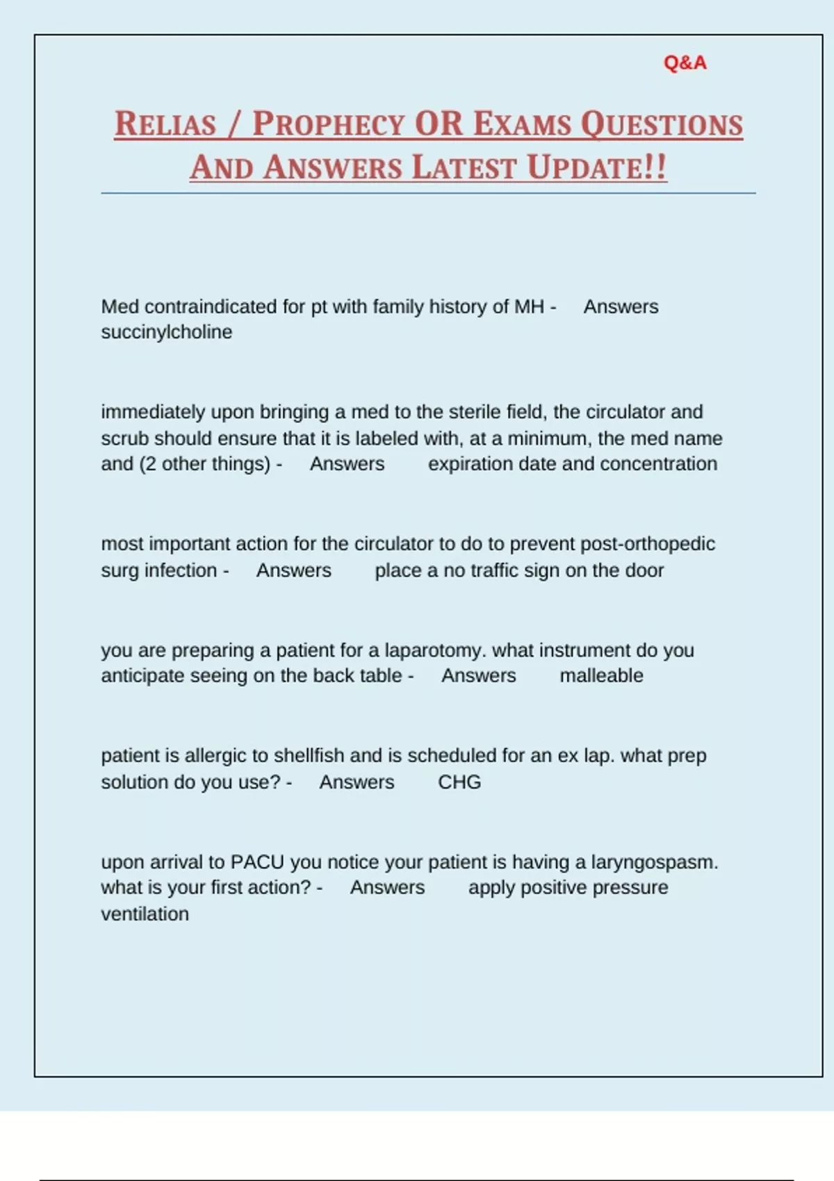 RELIAS PROPHECY OR EXAMS QUESTIONS AND ANSWERS LATEST UPDATE!! - RN A ...