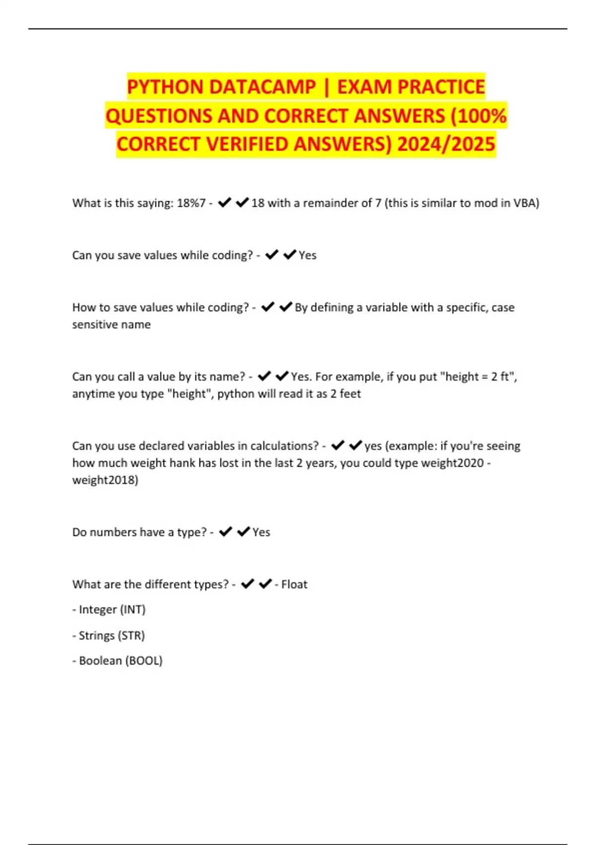 PYTHON DATACAMP | EXAM PRACTICE QUESTIONS AND CORRECT ANSWERS (100% CORRECT VERIFIED ANSWERS ...