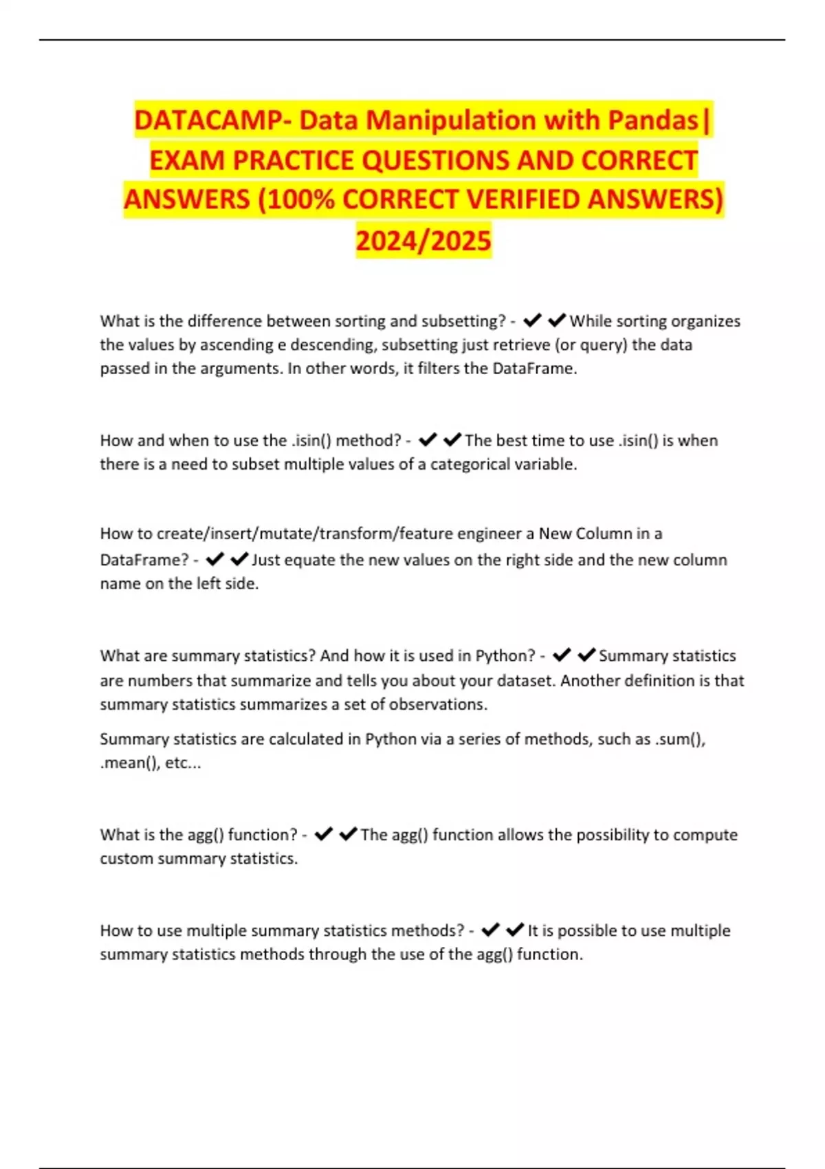 DATACAMP- Data Manipulation with Pandas| EXAM PRACTICE QUESTIONS AND CORRECT ANSWERS (100% ...