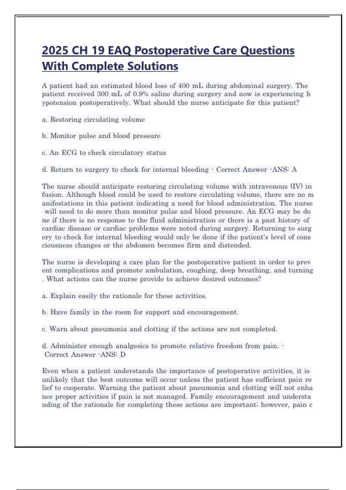 2025 CH 19 EAQ Postoperative Care Questions With Complete Solutions ...