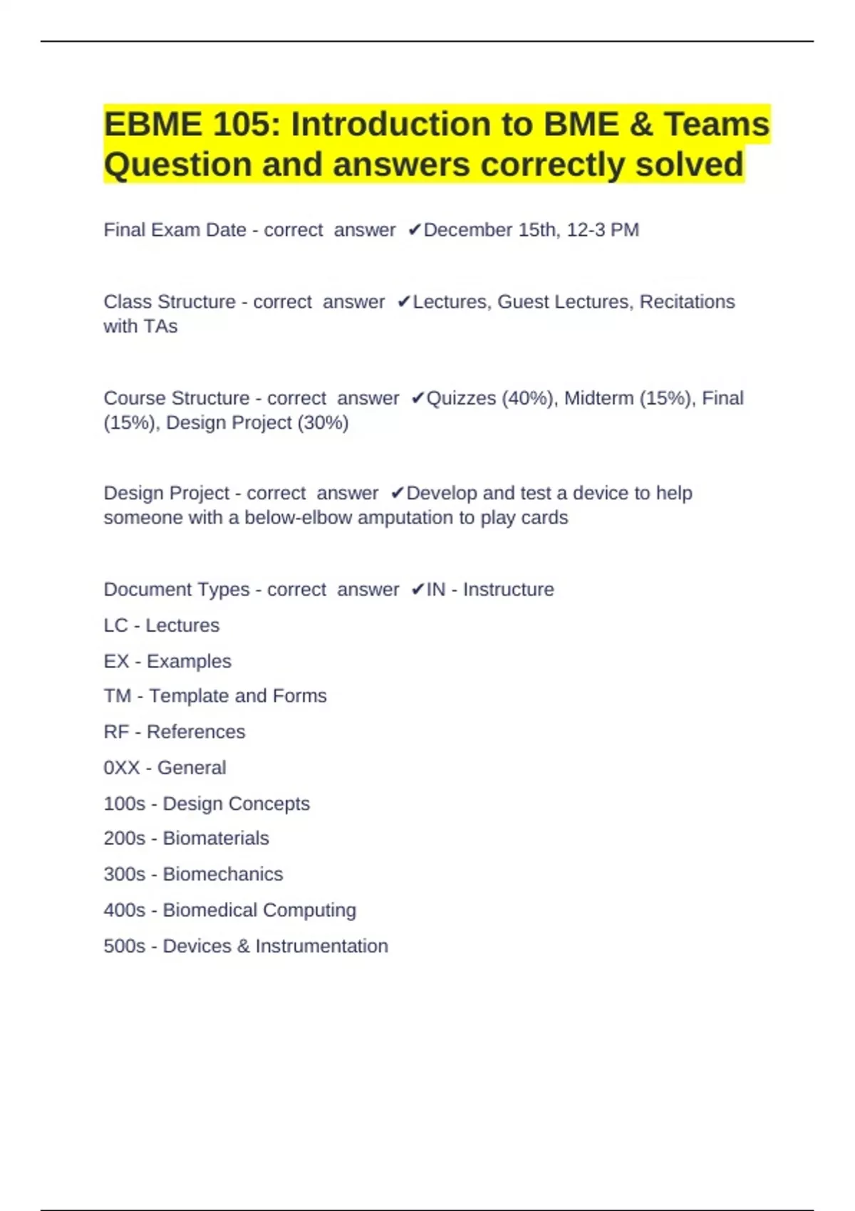 EBME 105: Introduction to BME & Teams Question and answers correctly ...