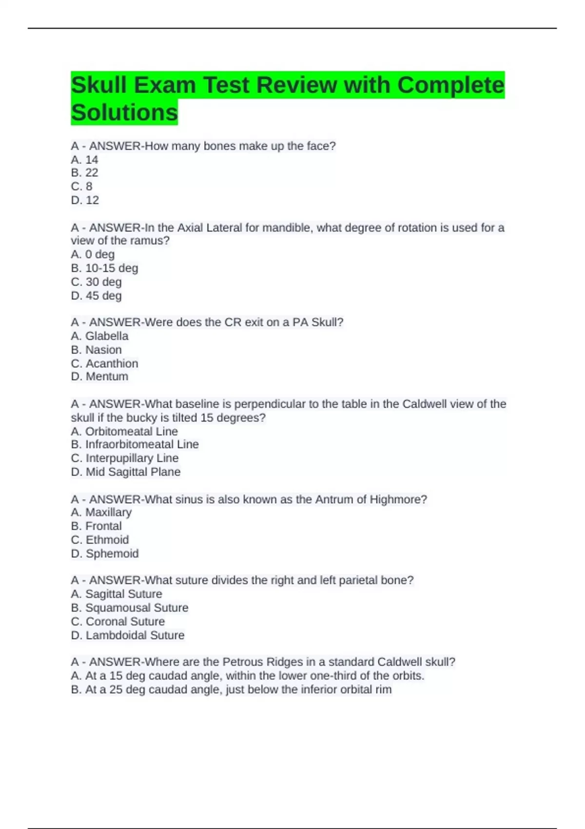 Skull Exam Test Review with Complete Solutions - Neurological - Stuvia US