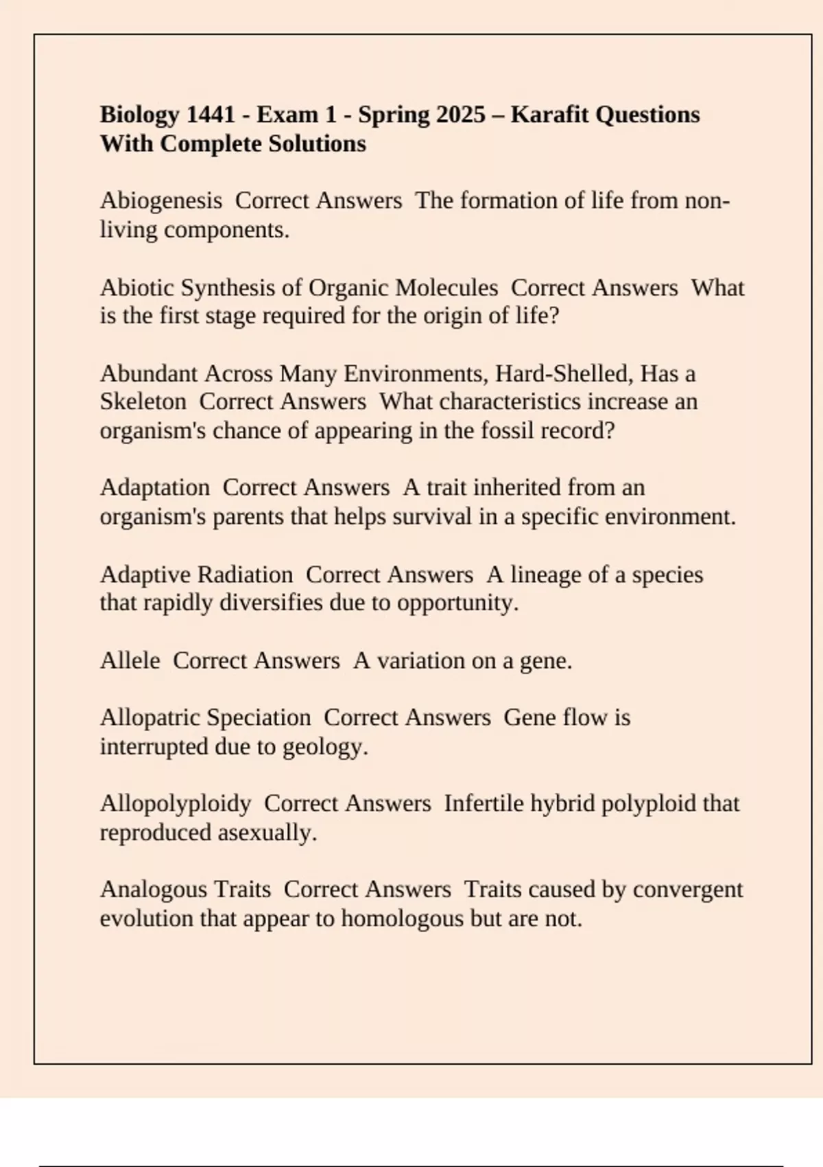 BIOL 1441 University Of Texas - Arlington -Biology 1441 - Exam 1 ...