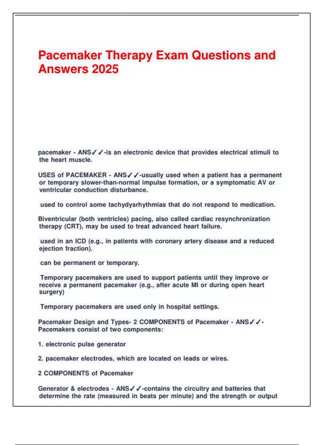 Pacemaker Therapy Exam Questions and Answers 2025. - Pacemaker - Stuvia US