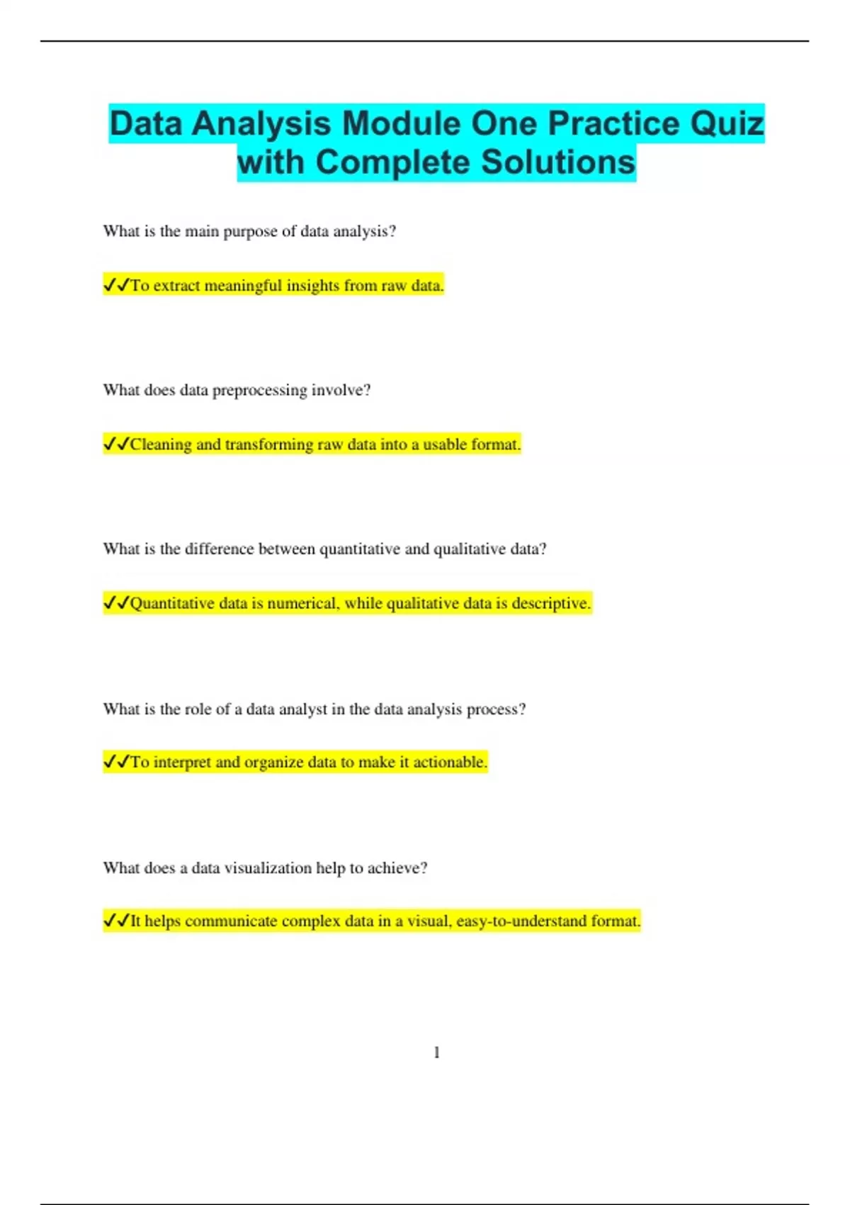 Data Analysis Module One Practice Quiz with Complete Solutions - Data Analysis Module One ...