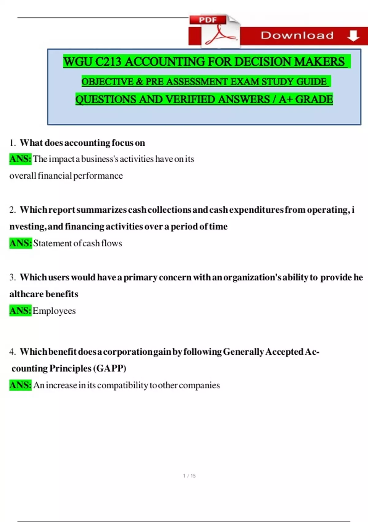 WGU C213 ACCOUNTING FOR DECISION MAKERS OBJECTIVE & PRE ASSESSMENT EXAM ...