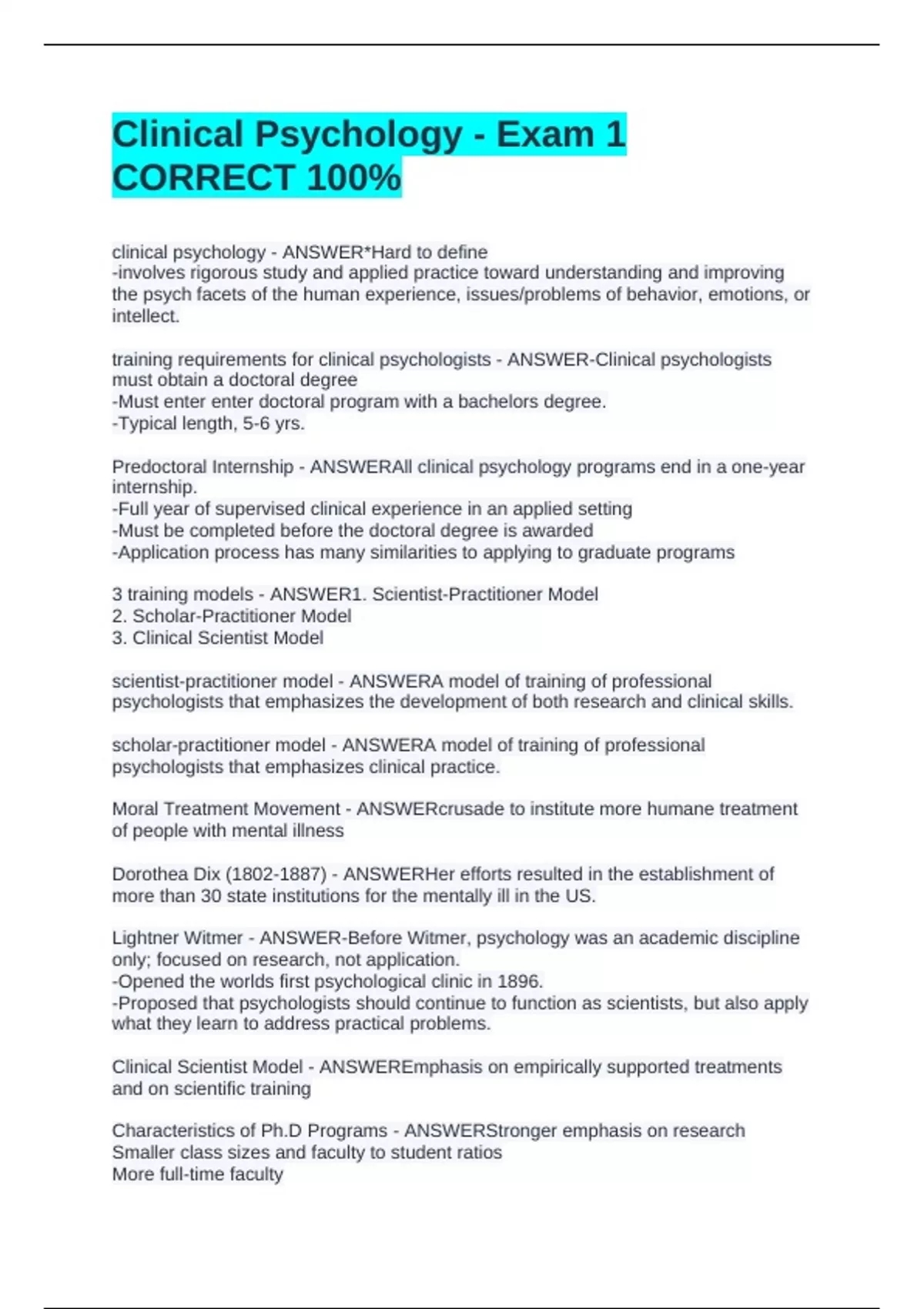 Clinical Psychology - Exam 1 CORRECT 100% - Clinical Psychology ...