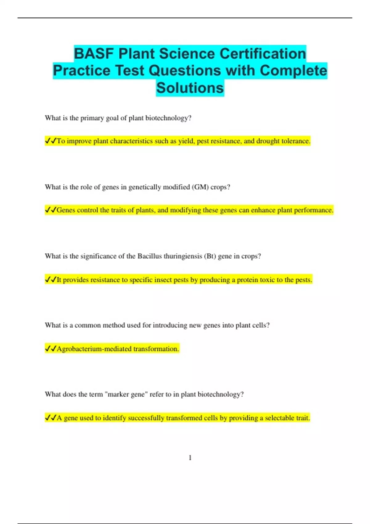 BASF Plant Science Certification Practice Test Questions with Complete ...