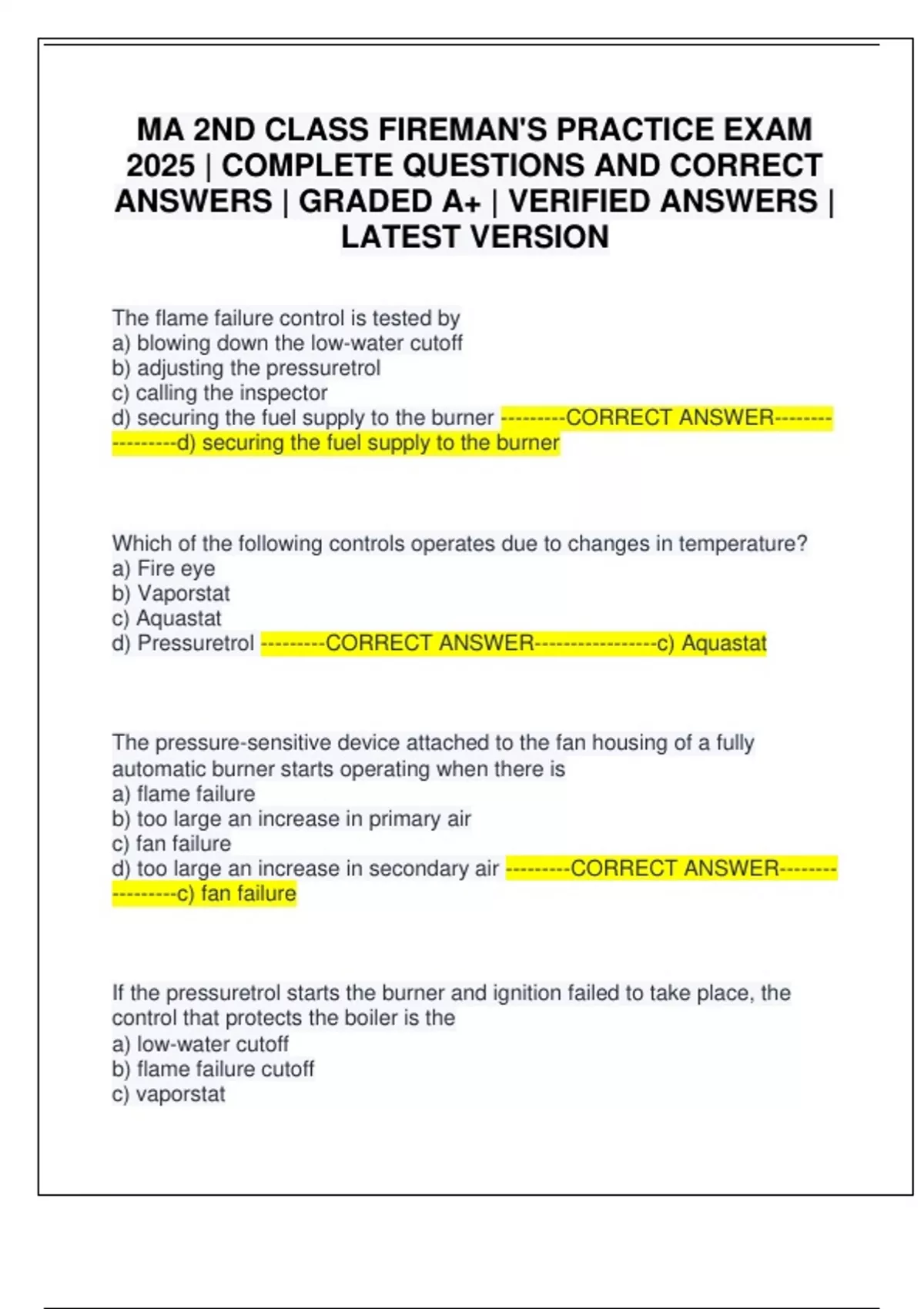 MA 2ND CLASS FIREMAN'S PRACTICE EXAM 2025 | COMPLETE QUESTIONS AND ...