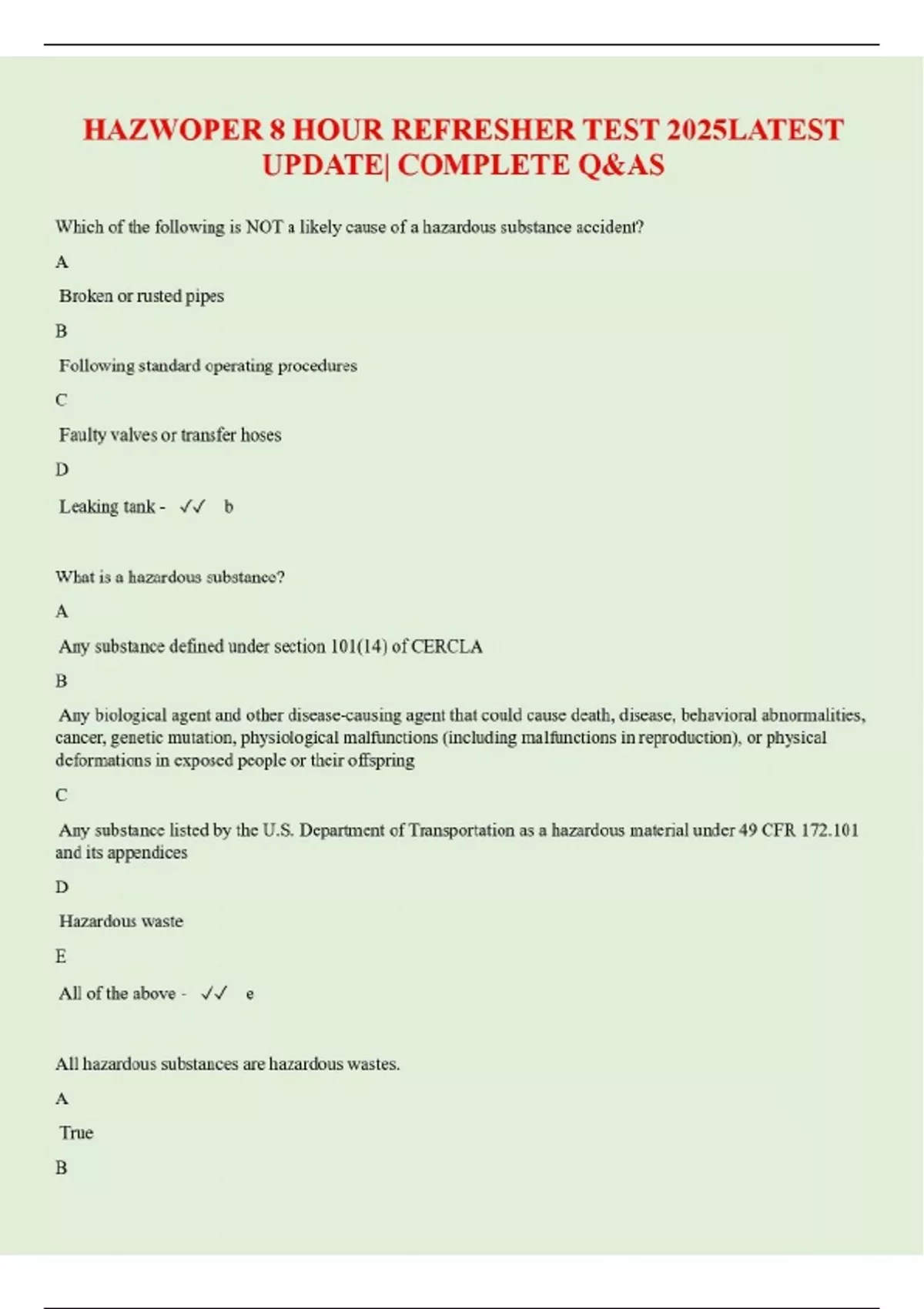 HAZWOPER 8 HOUR REFRESHER TEST 2025 LATEST UPDATE - Hazwoper - Stuvia US