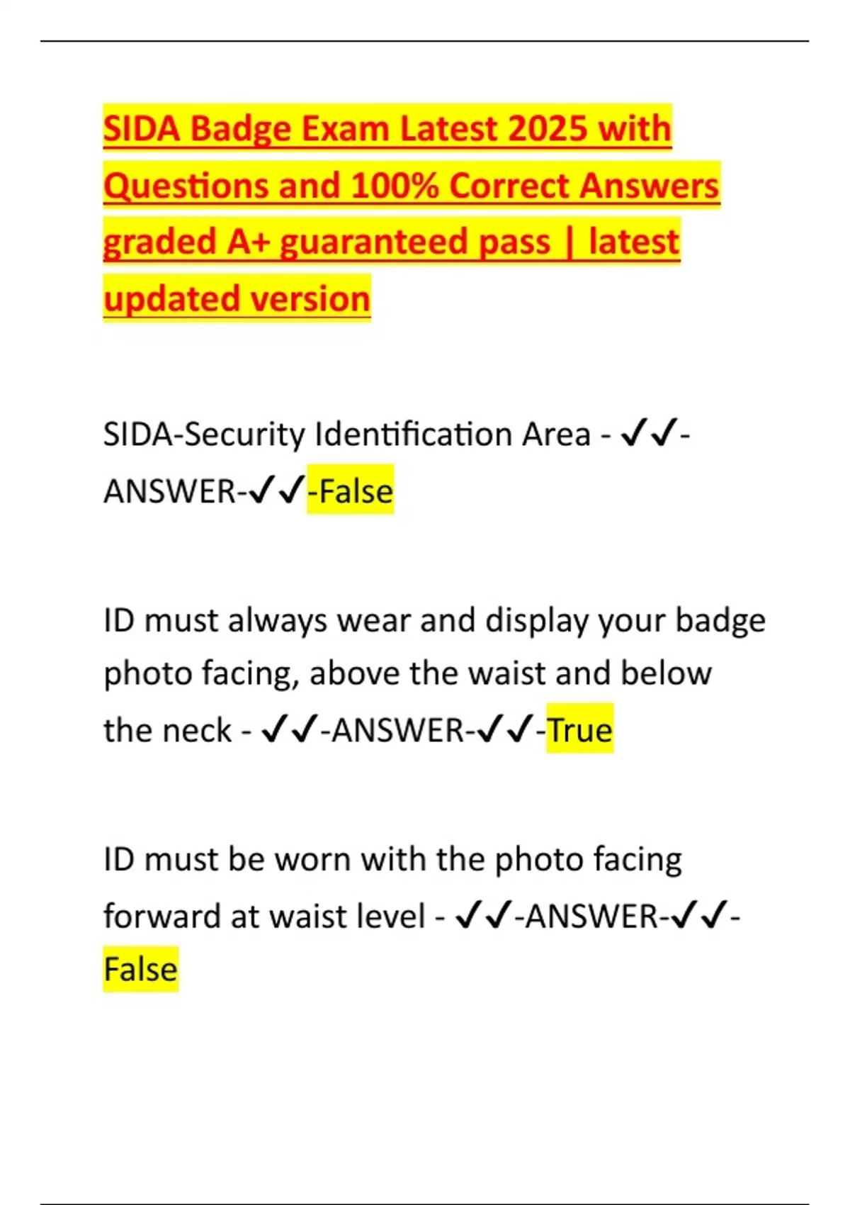 SIDA Badge Exam Latest 2025 with Questions and 100% Correct Answers ...