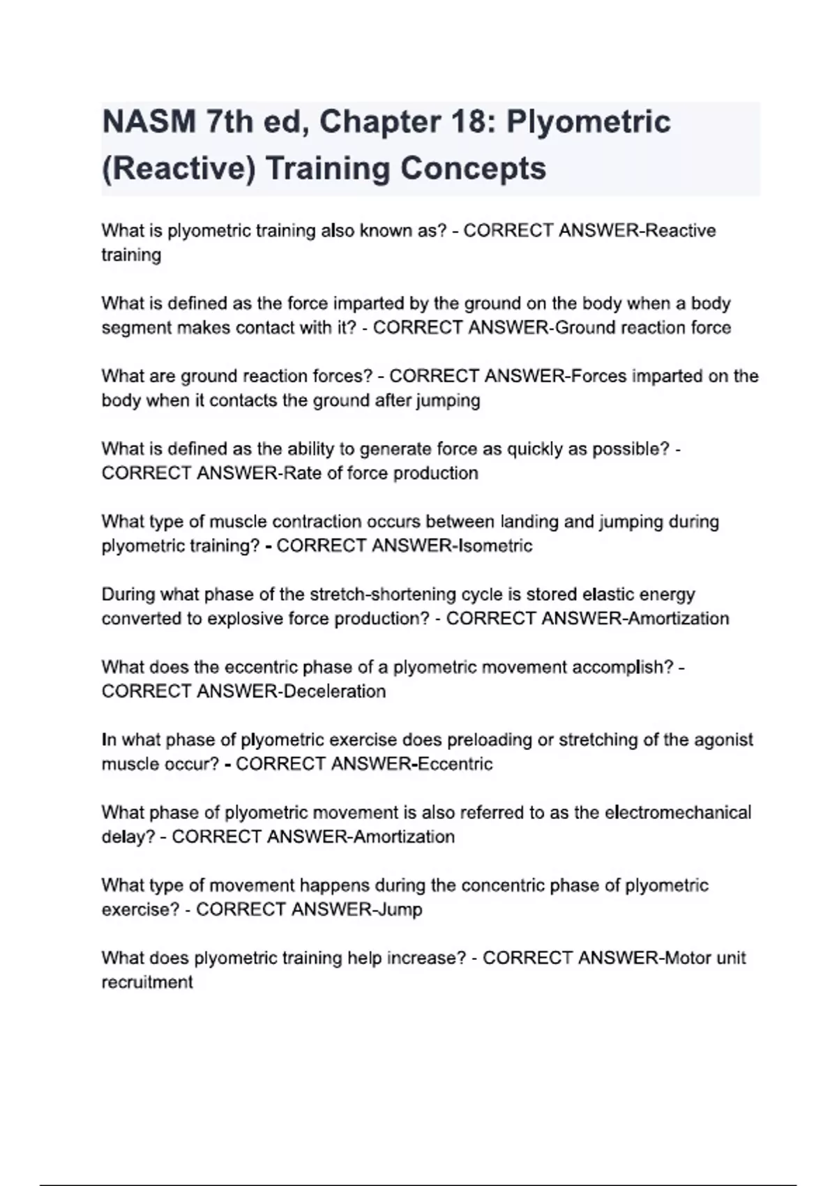 NASM 7th ed, Chapter 18 Plyometric (Reactive) Training Concepts questions and answers - Nasm ...