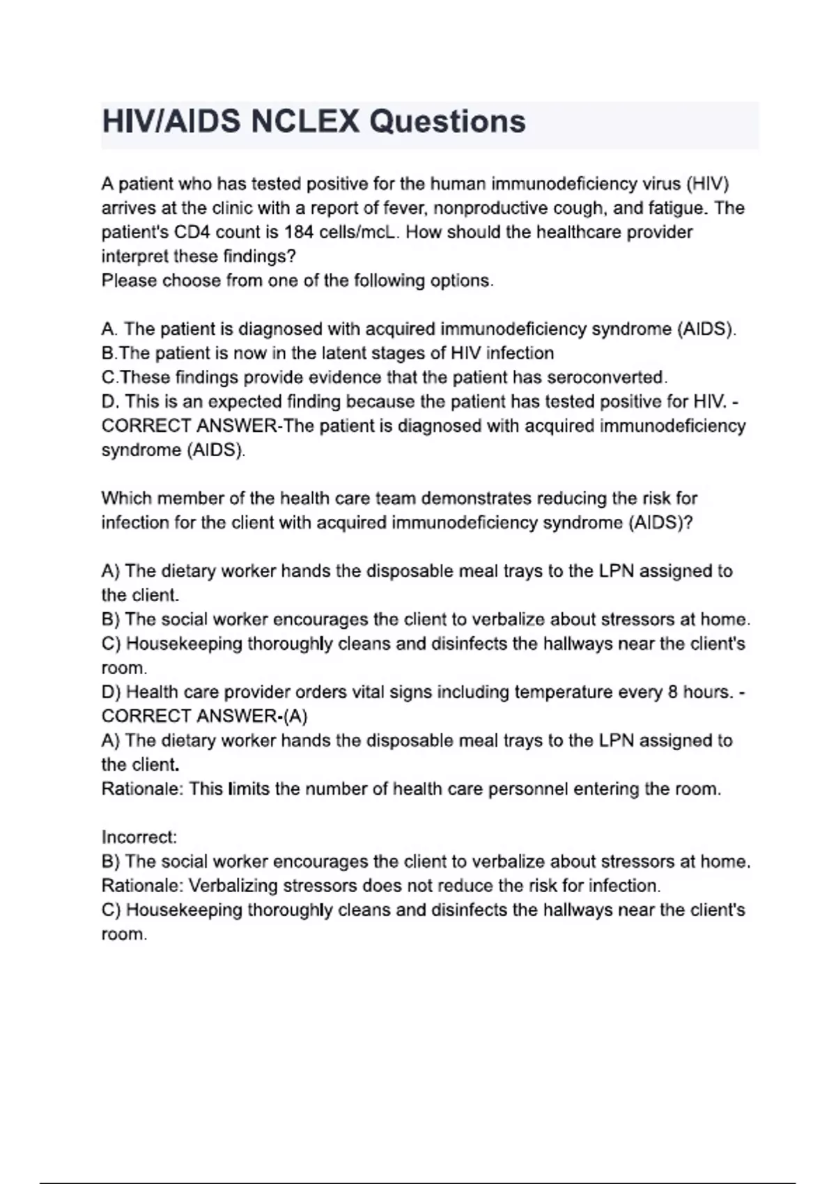 HIV AIDS NCLEX (LATEST 2024/ 2025 UPDATE) QUESTIONS AND ANSWERS | 100% ...