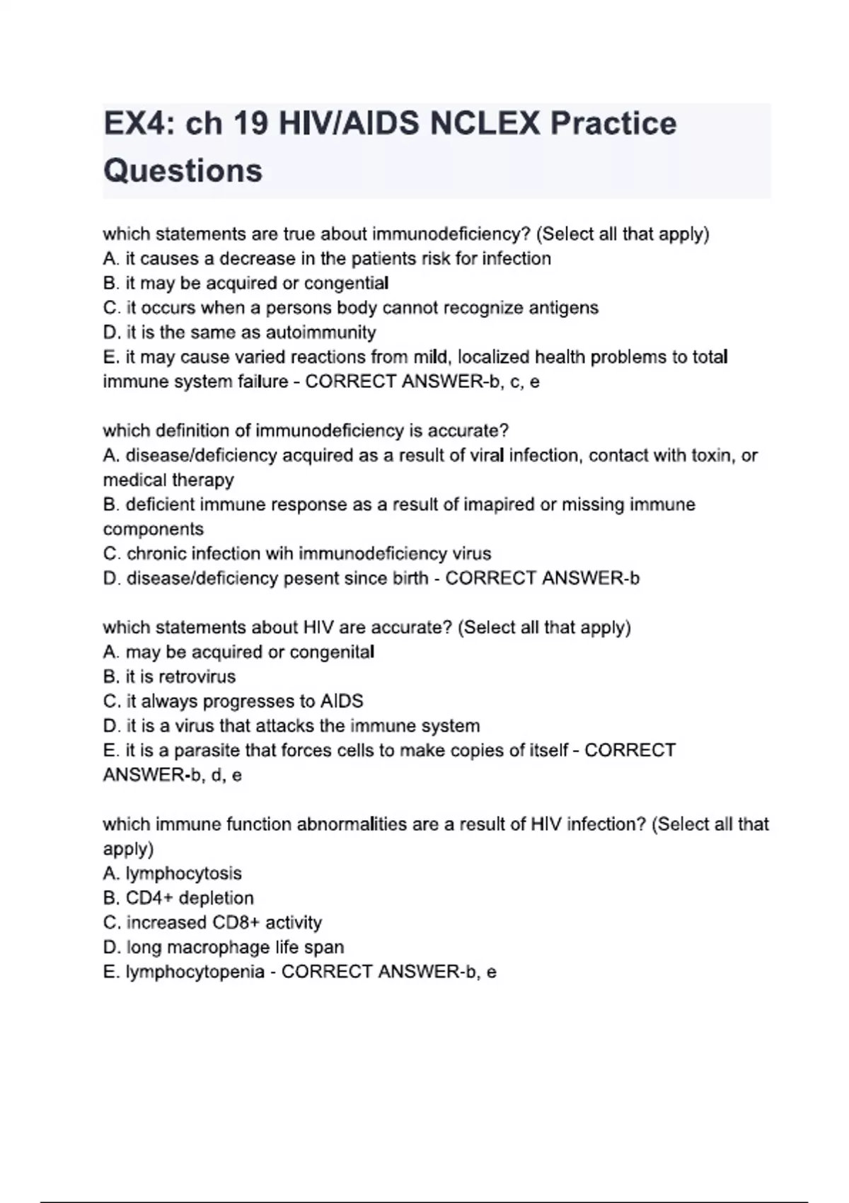 EX4 chapter 19 HIV/AIDS NCLEX Practice | Questions and answers | Latest ...