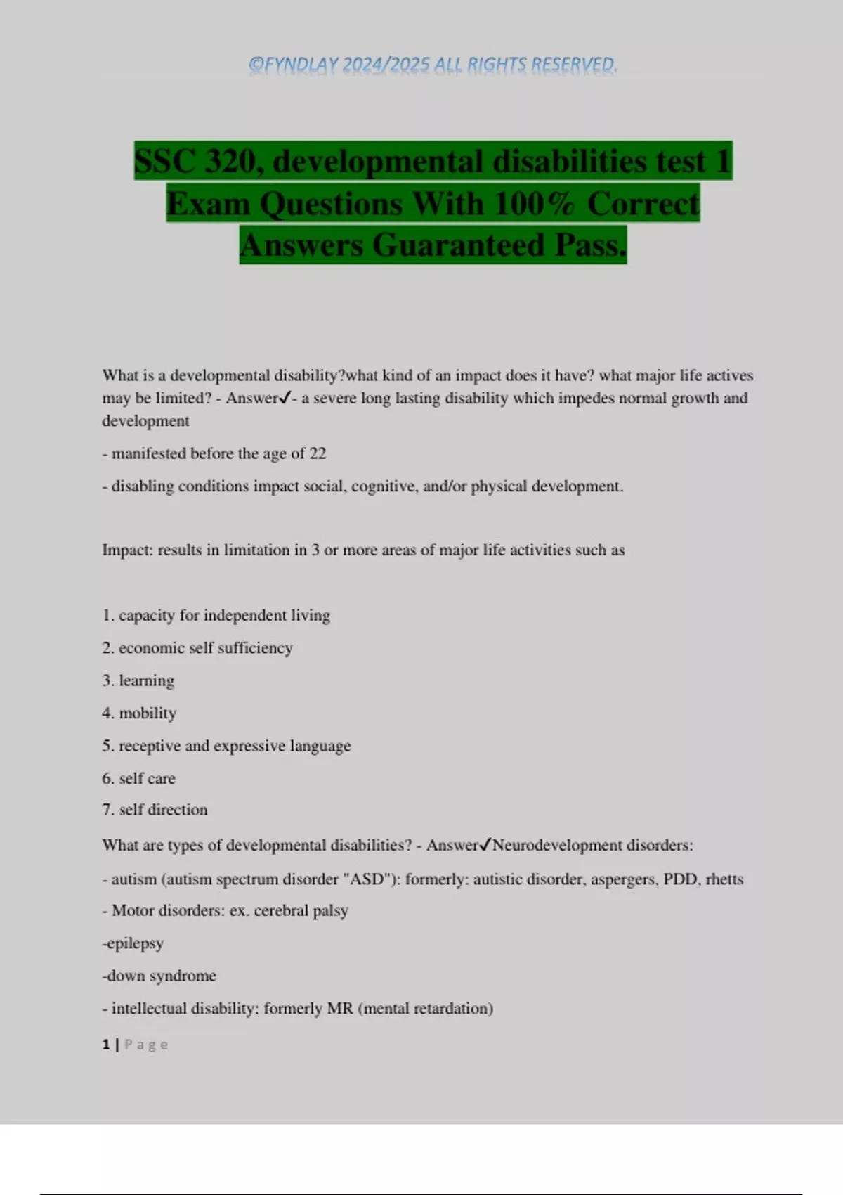 SSC 320, developmental disabilities test 1 Exam Questions With 100% ...
