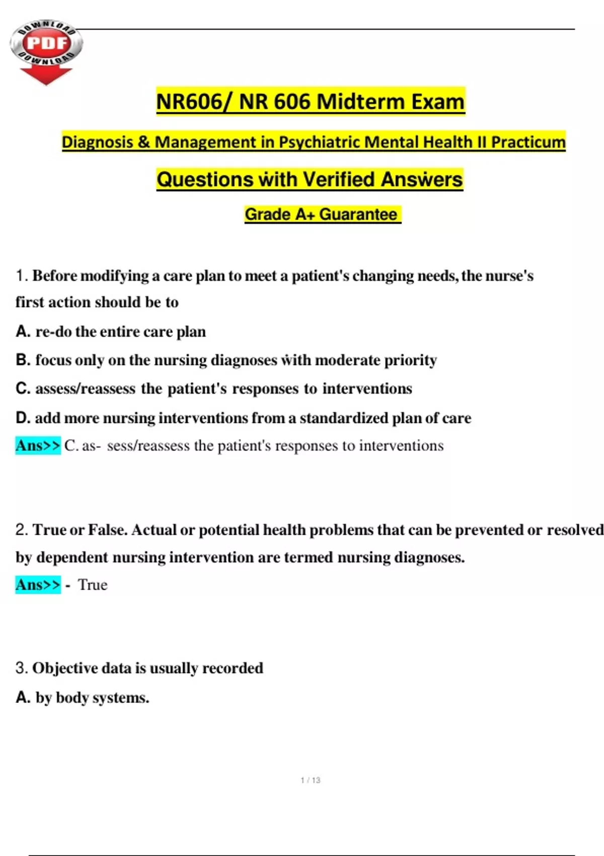 NR606/ NR 606 Midterm Exam ( 2025 / 2026 ) Diagnosis & Management in ...