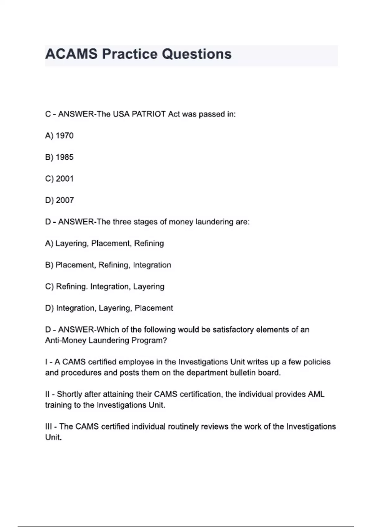 ACAMS Practice ( Latest 2024 / 2025 Update) Actual Exam Questions and ...