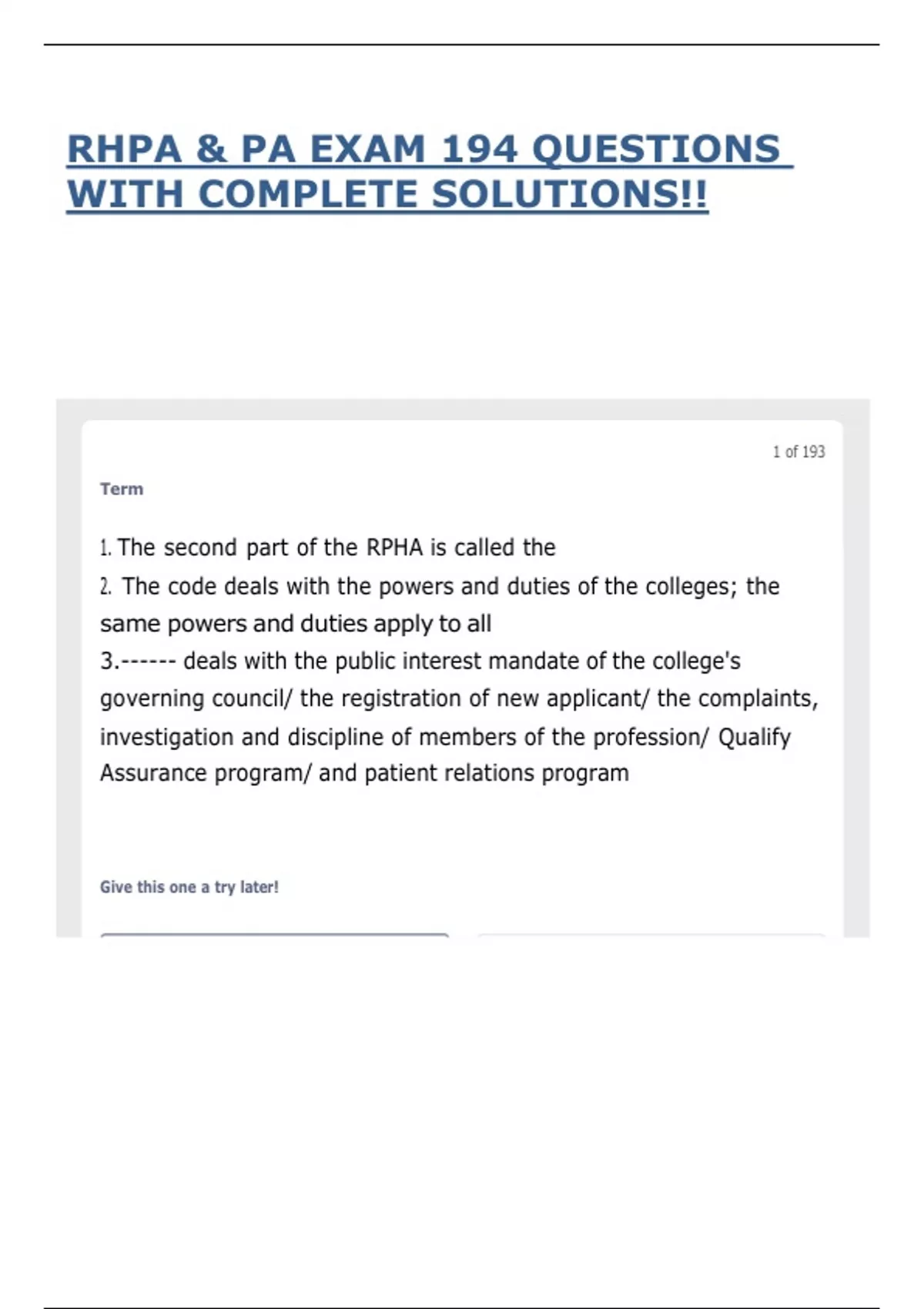 RHPA & PA EXAM 194 QUESTIONS WITH COMPLETE SOLUTIONS!! - RHPA & PA ...