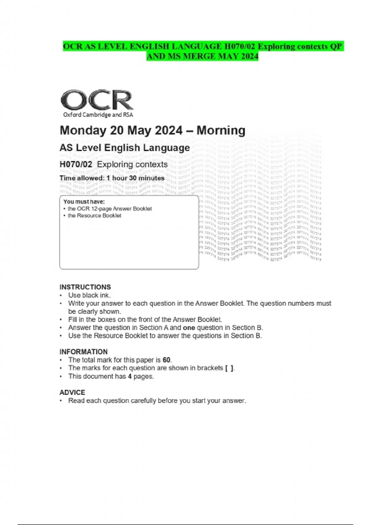 OCR AS LEVEL ENGLISH LANGUAGE H070/02 Exploring contexts QP AND MS MERGE MAY 2024 - OCR - Stuvia US